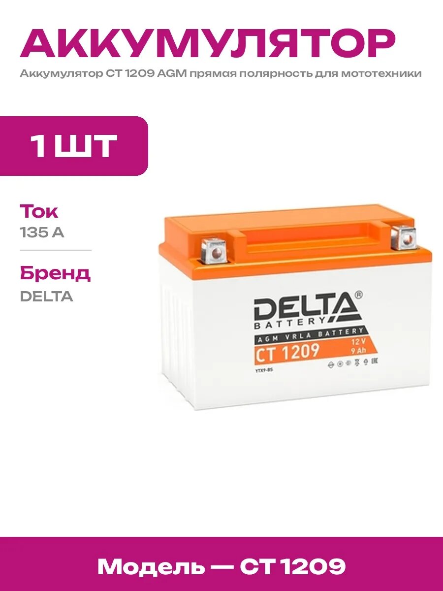 Аккумулятор AGM для мотоцикла 12В 9 Ач прямая полярность