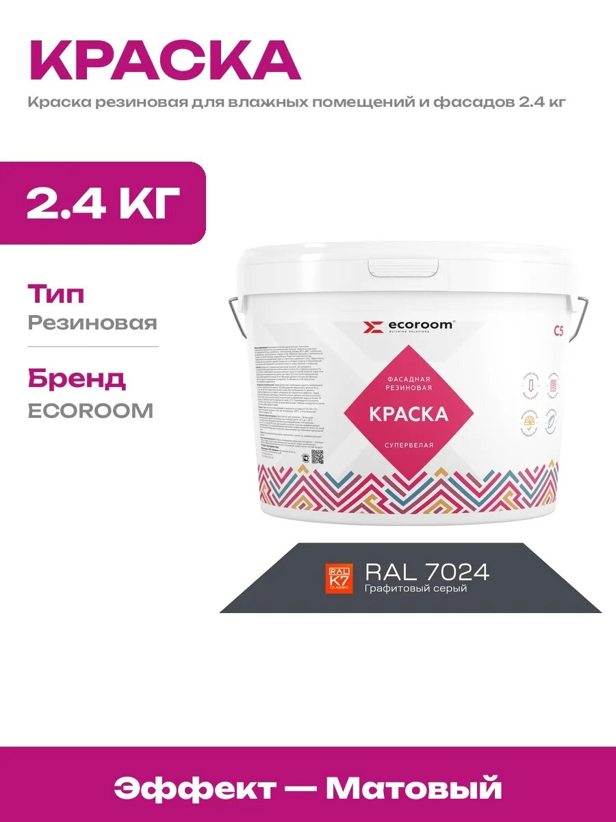 Резиновая краска для фасада графитовый серый RAL 7024 2.4 кг