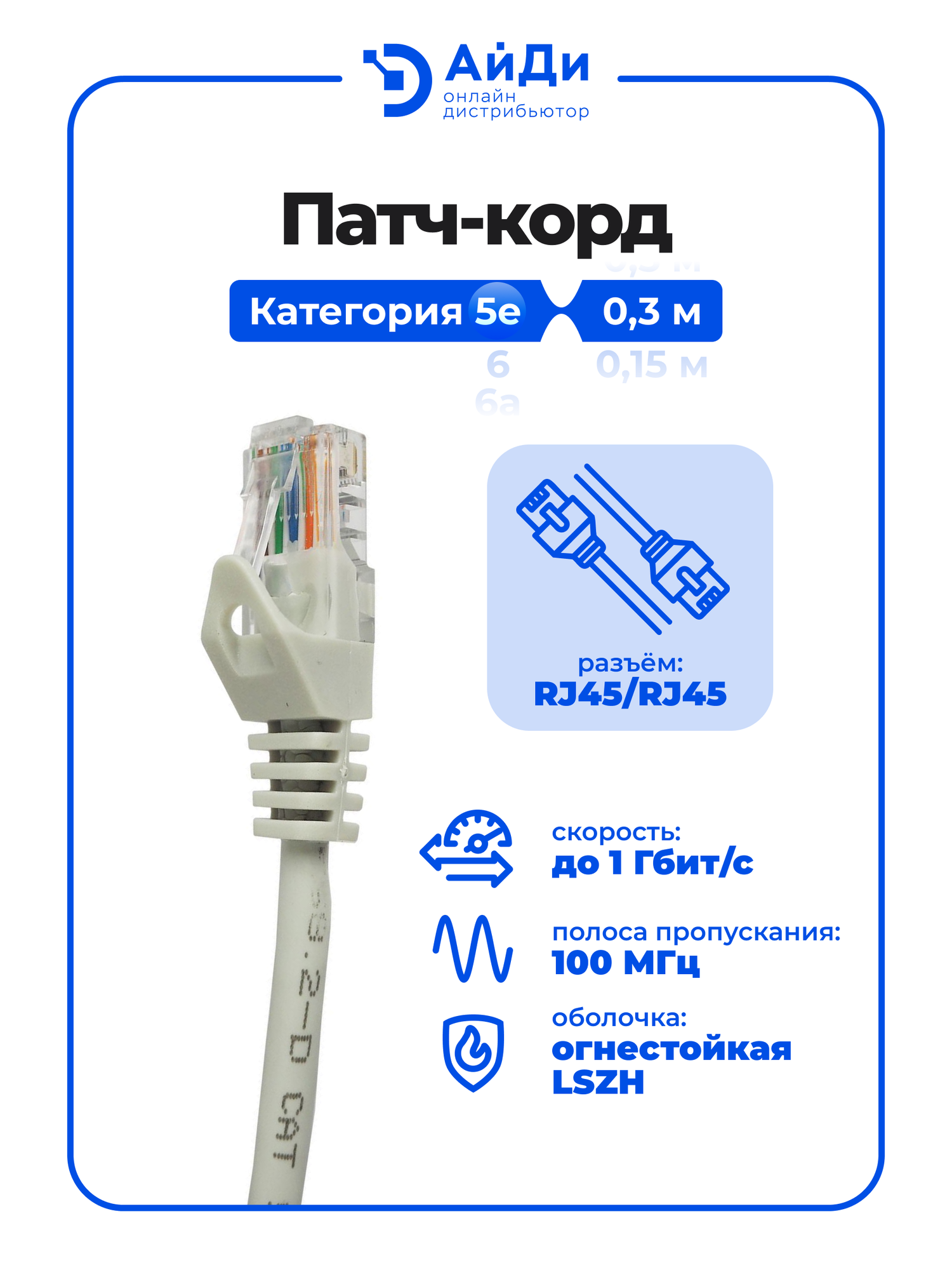 Интернет-кабель, категория 5е, неэкранированный, U/UTP, RJ45-RJ45, 100 МГц LSZH, AWG24 0.3м, серый