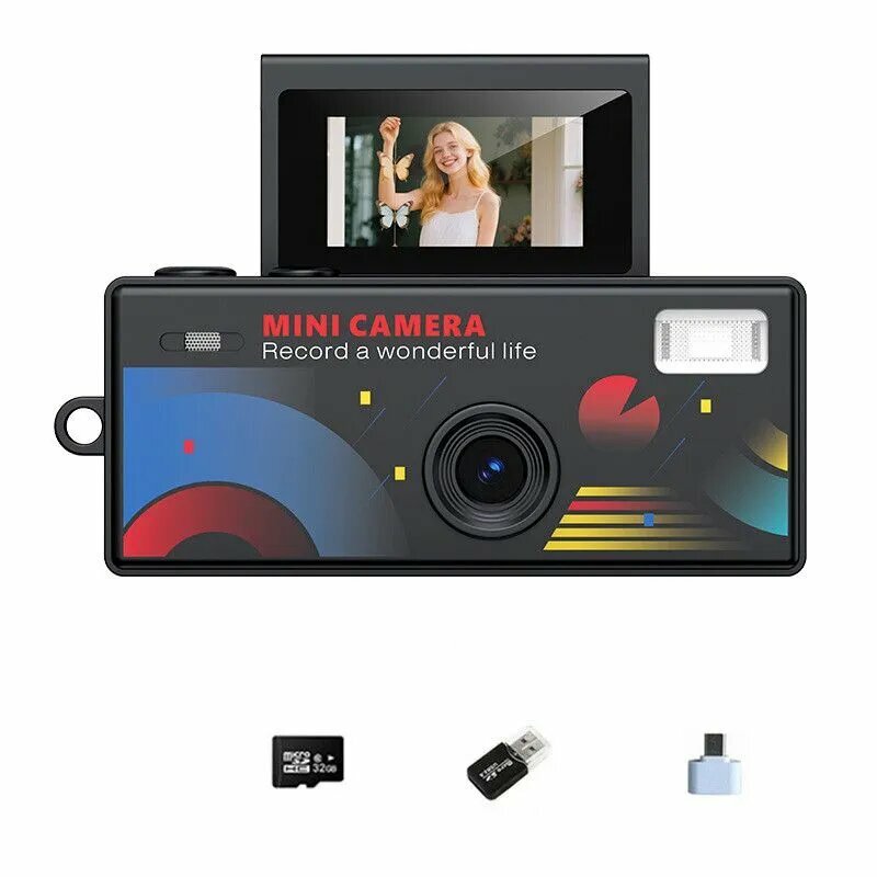 Мини-камера ретро Thumb Camera 1982, портативная цифровая видеокамера с вспышкой и поворотным экраном, 32ГБ, для блогеров и стильный аксессуар