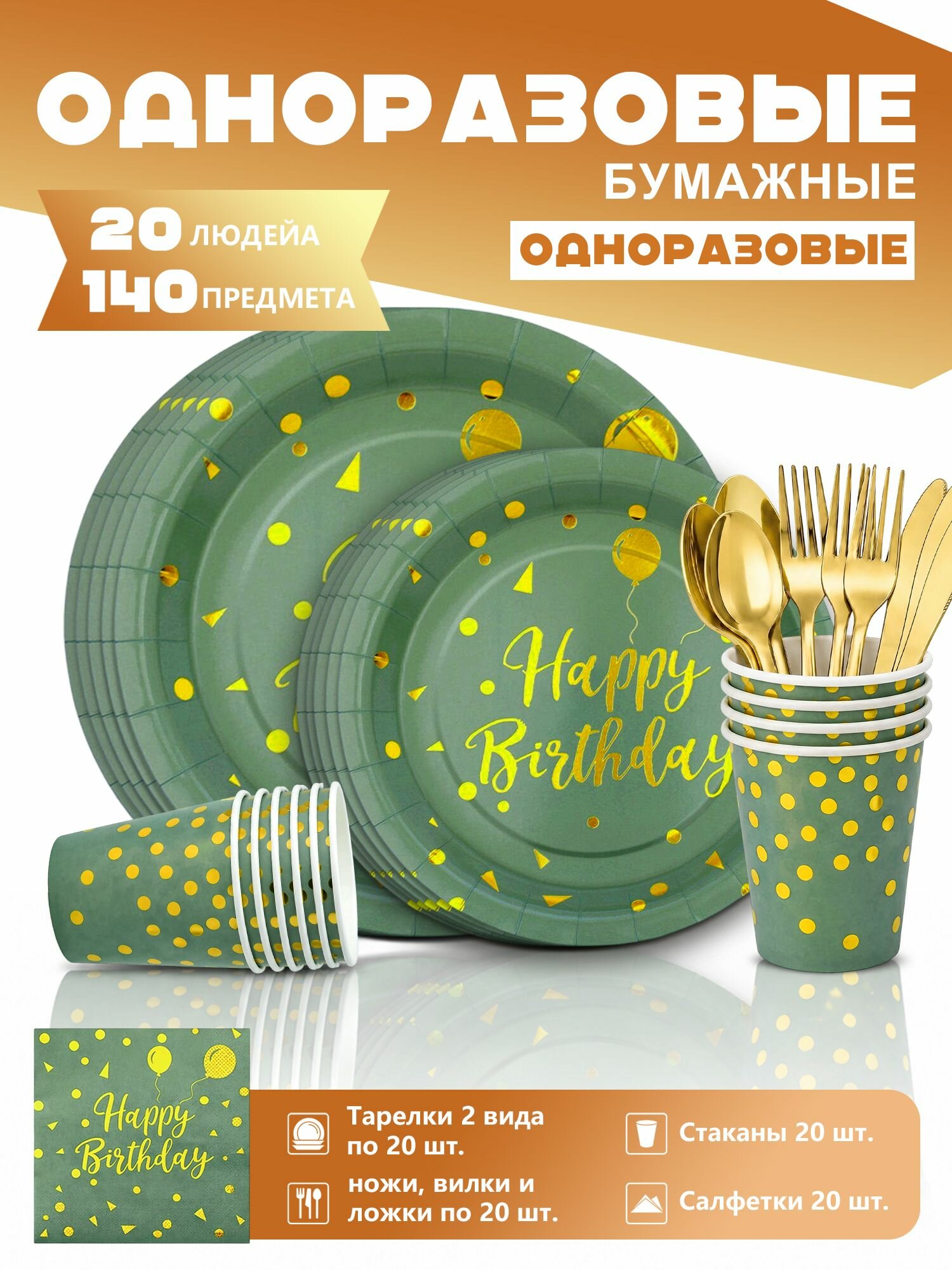 (20 персон 140 шт)Одноразовая посуда для праздника С днём рождения, Набор одноразовой посуды, День рождения