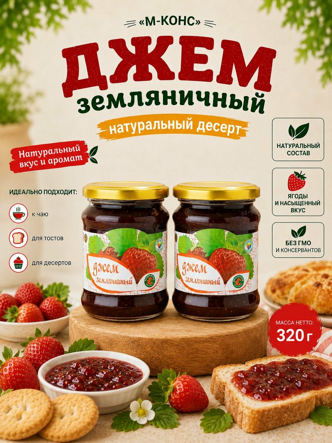 Джем земляничный натуральный ГОСТ. 2 шт. по 320 г