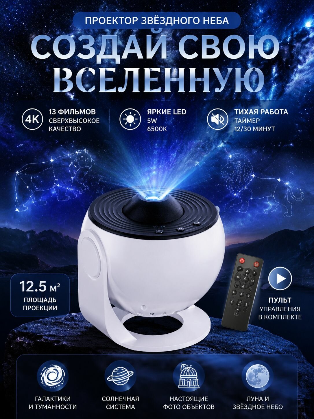 Проектор планетарий ночник звездное небо, домашний проектор звезд с 12 проекционными дисками в подарок дома ночник проектор