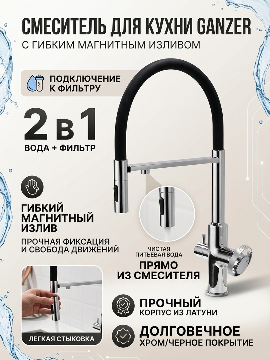 Смеситель для кухни с краном для фильтра от бренда Ganzer GZ19127 хром/черный
