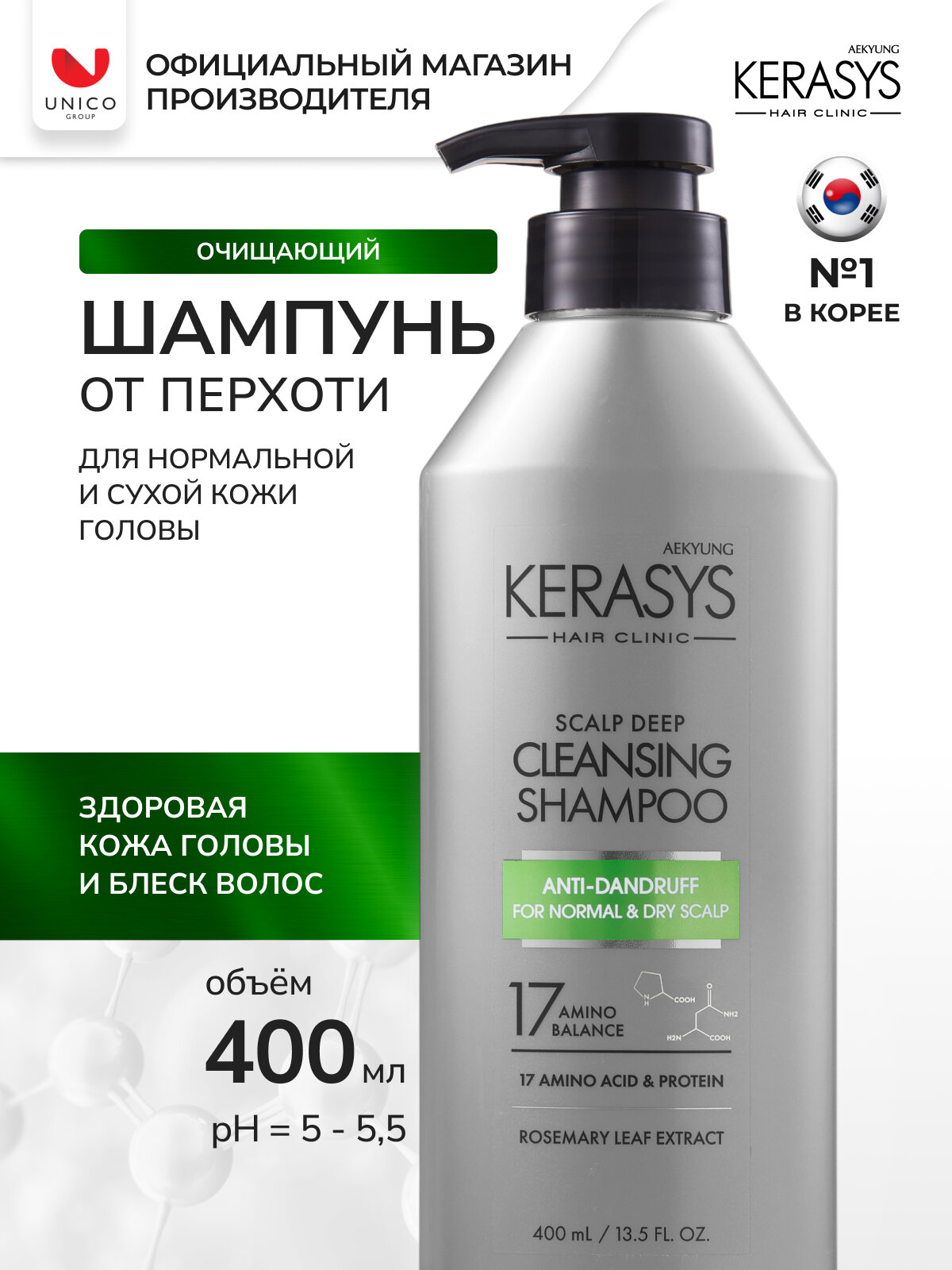 Kerasys Лечебный Шампунь от перхоти для сухих и нормальных волос 400 мл, Корея
