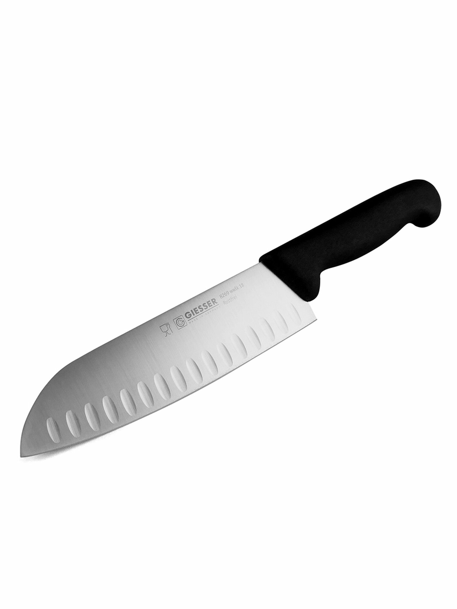 Нож поварской профессиональный для восточной кухни Сантоку, 18 см, лезвие с желобками, ручка TPE, Giesser.
