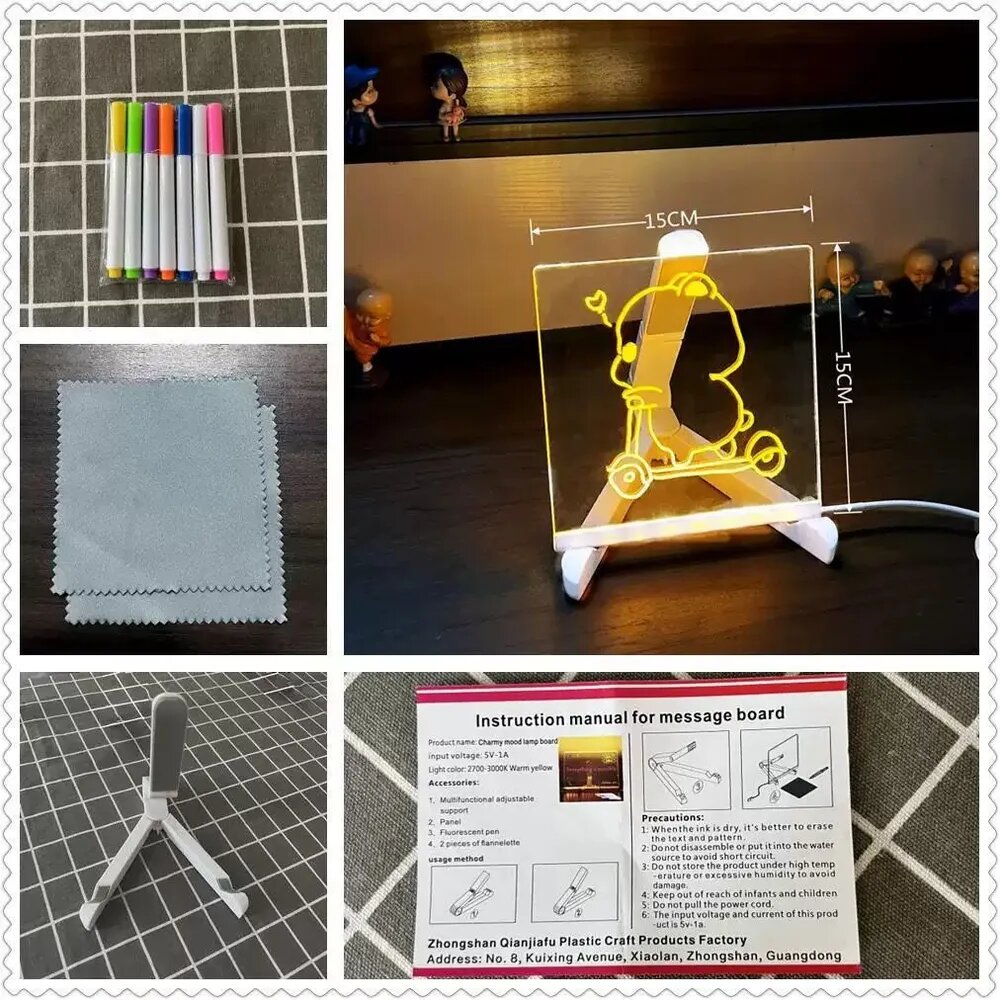 Светящаяся доска для рисования LED 15x15см с подставкой и маркерами