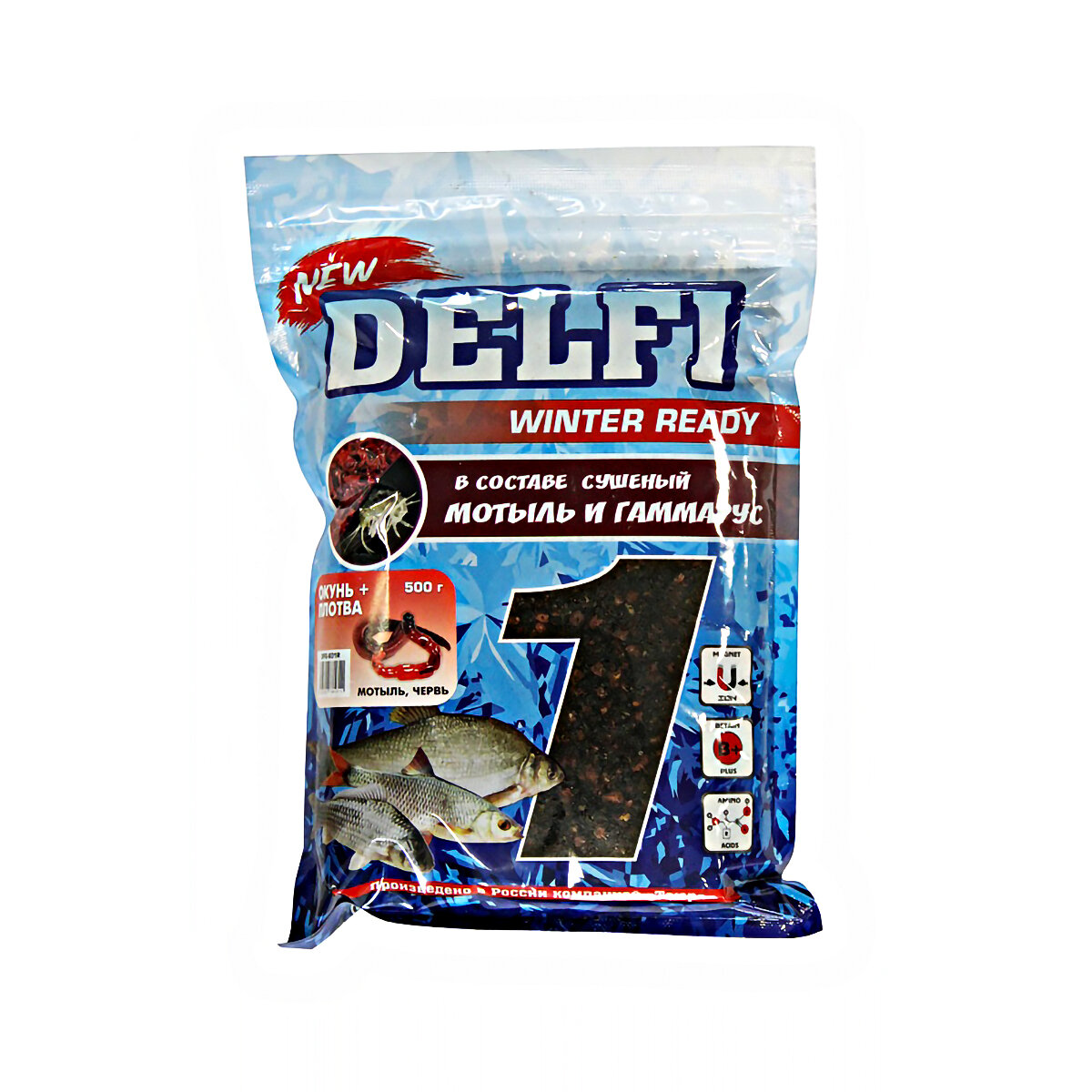 Прикормка Delfi Ice Ready 500гр зимняя, увлажненная, Окунь-Плотва, Мотыль-Червь, черная