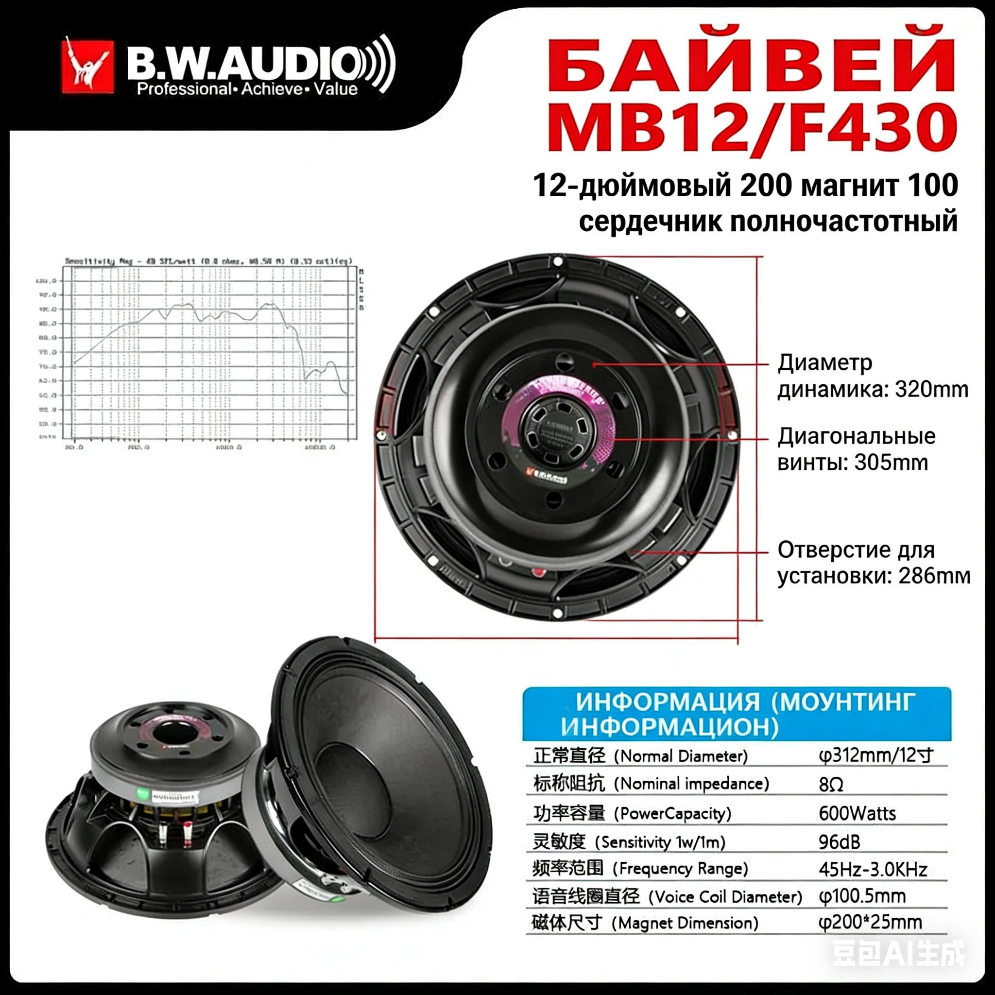 B.W.AUDIO Акустический динамик для авто, 12 дюймов, магнит 200 мм, катушка 100 мм600 Вт, черный матовый