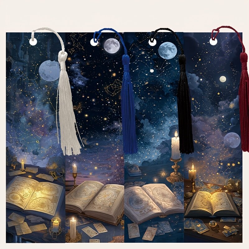 Закладки для книг из искусственной кожи с кисточкой, 4 шт, размер 15х4 см, дизайн звездного неба