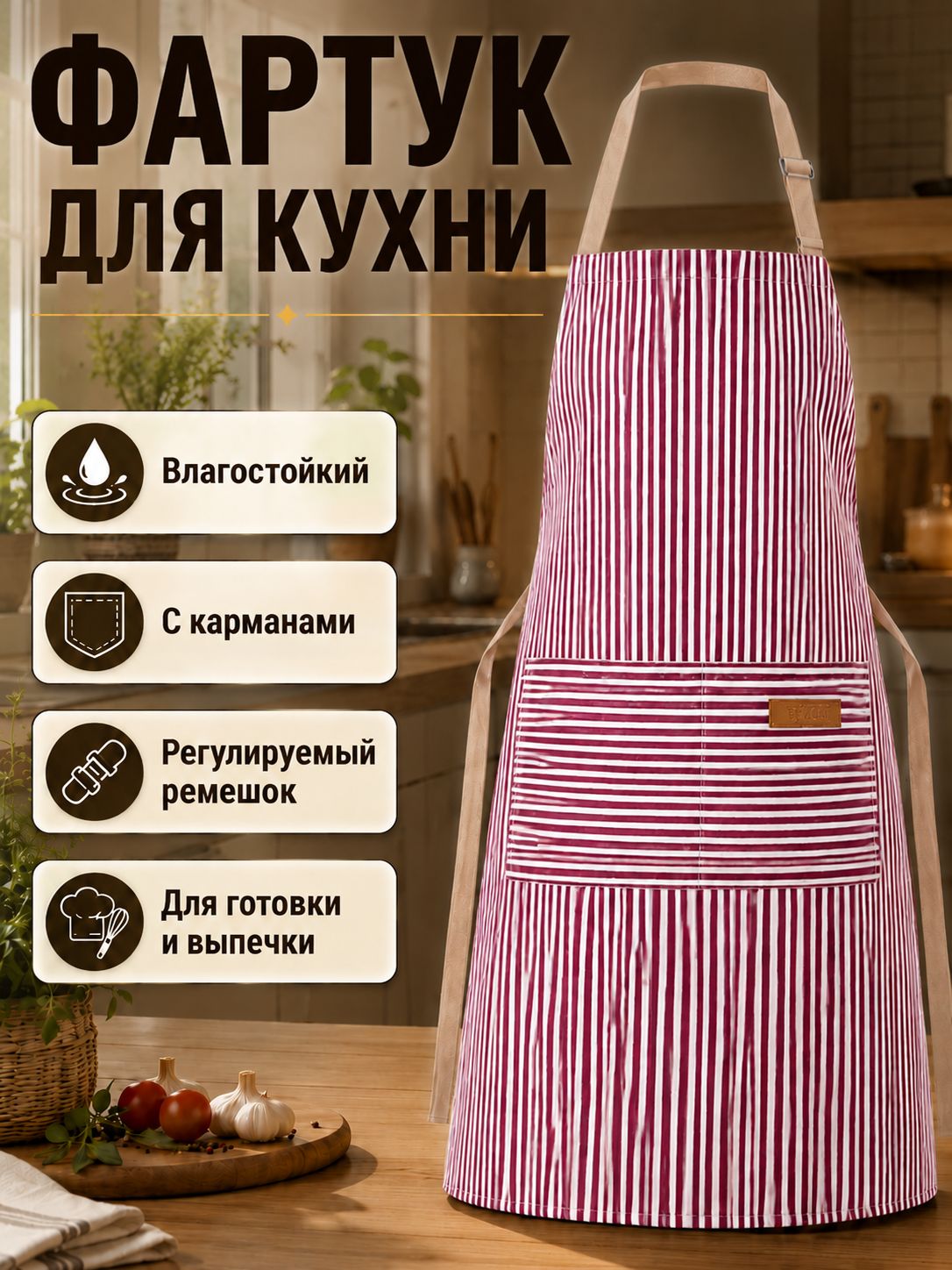 Фартук для кухни влагостойкий в полоску, поварской кухонный фартук с карманами и регулируемой лямкой для готовки и выпечки