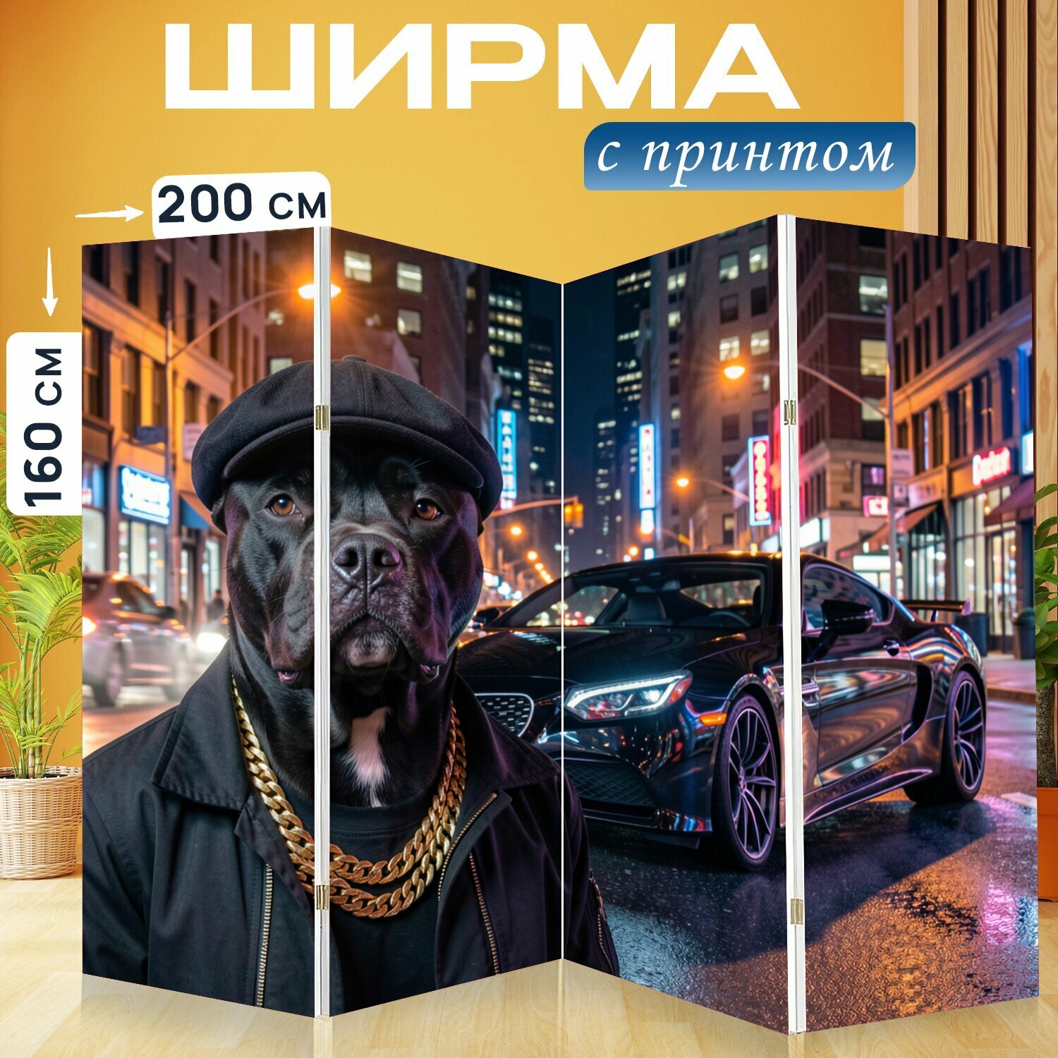 Ширма "Черный пес в кепке у спорткара. Брутальный мастиф в городской ночи рядом с люксовым автомобилем." перегородка для зонирования комнаты с принтом 200x160 см. на холсте