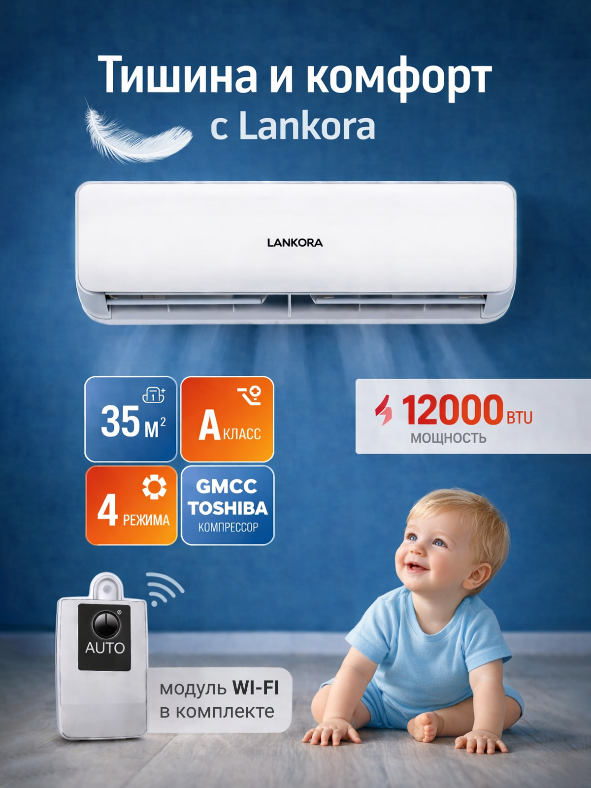 Сплит система Lankora LA-12H Platinum, мощность 12000 BTU, с Wi-Fi модулем, А класс, кондиционер для дома на 37 м², белый