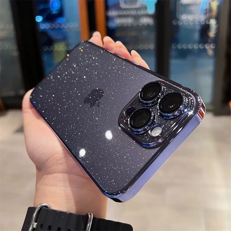 Чехол для iPhone 15 Pro Max с дальним пиком синего галактического блеска, встроенным защитным покрытием для объектива,