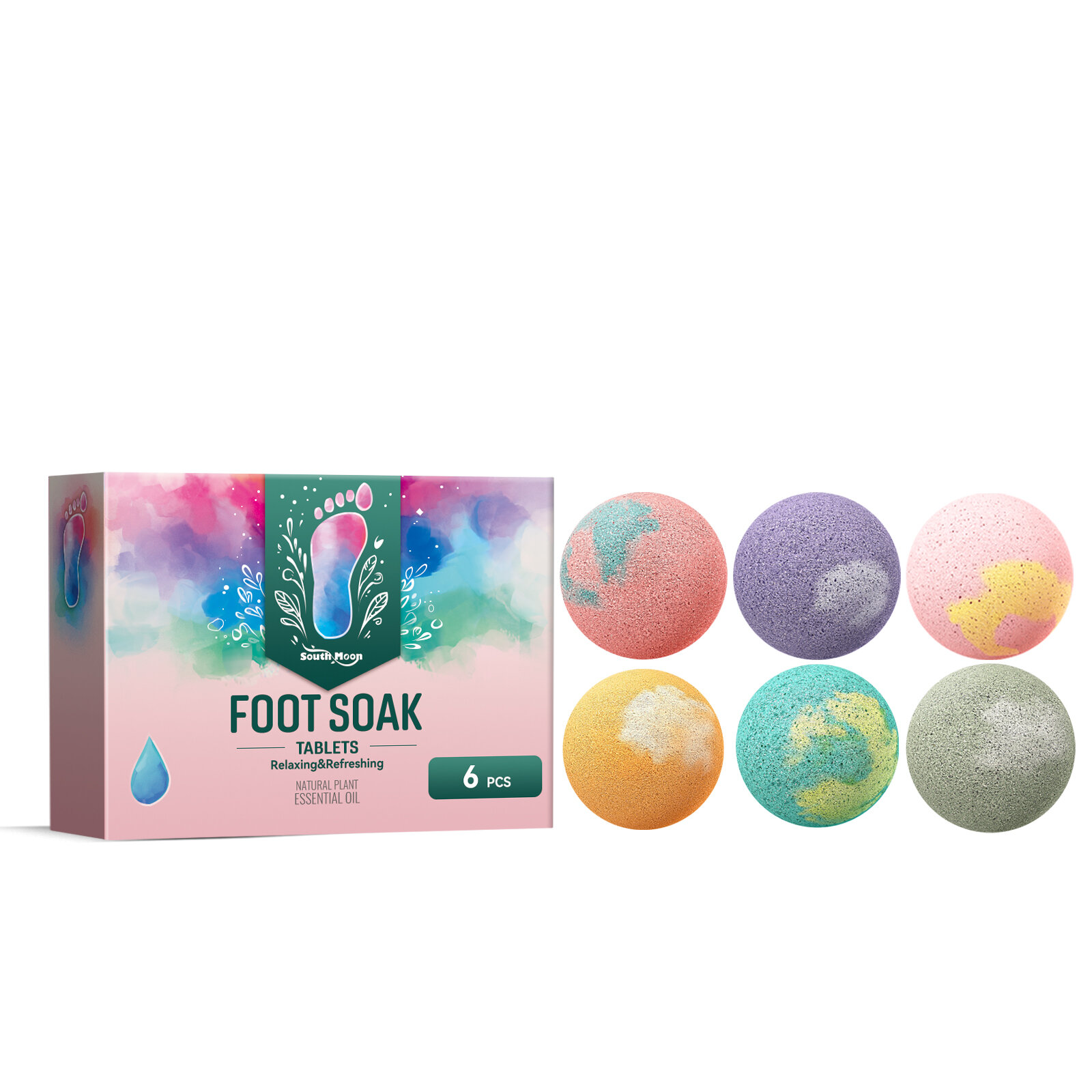 South 6pcs Foot Bath Balls Essential Oil Foot Soak Tablets Multi-color 3cm Diameter Sea Salt Baking Soda Ginger Oil Mugwort Oil Lavender Oil Rose Oil 10.0*6.0*3.0cm Package 120g Weight