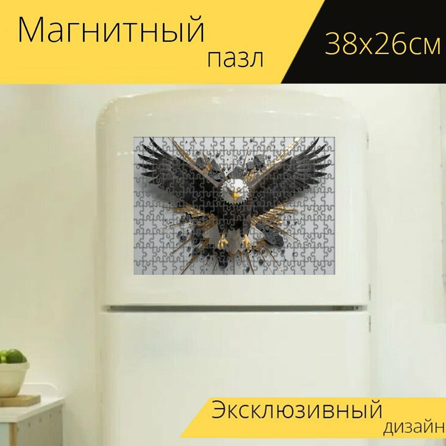 Магнитный пазл "Белоголовый орлан с расправленными крыльями. Реалистичный хищный пернатый с мощным размахом, темным оперением и светлой головой. Динамичная." для интерьера, 38х26 см.