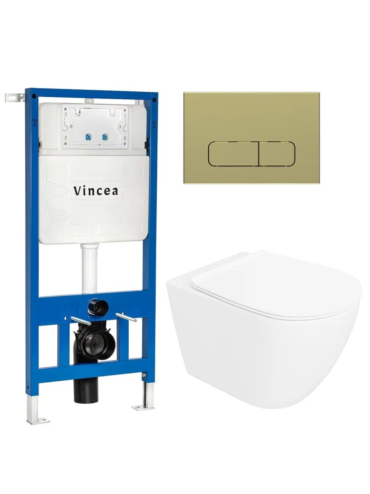 Комплект 4 в 1: Инсталляция Vincea VIS-601 / Унитаз подвесной STWORKI Готланд S13401WH безободковый, с микролифтом / Кнопка VFP-002BG, брашированное золото, Комплект креплений