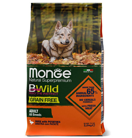 Monge Dog BWild Grain Free Adult All Breeds Duck / Сухой Беззерновой корм Монж Бивайлд для взрослых собак всех пород Утка картофель фас. 2,5 кг