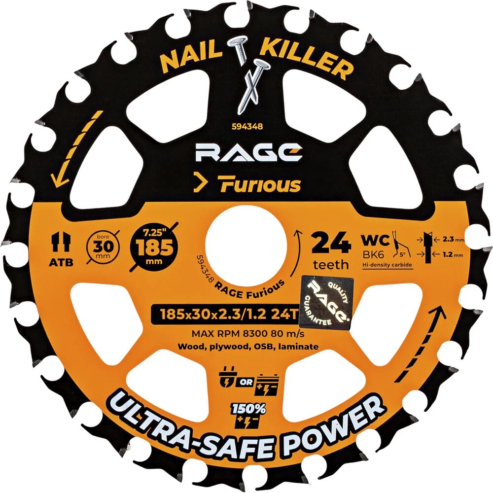 Диск пильный RAGE NAIL KILLER 185 мм (7 1/4”) Z24 посадка 30+20+16 Furious 594348
