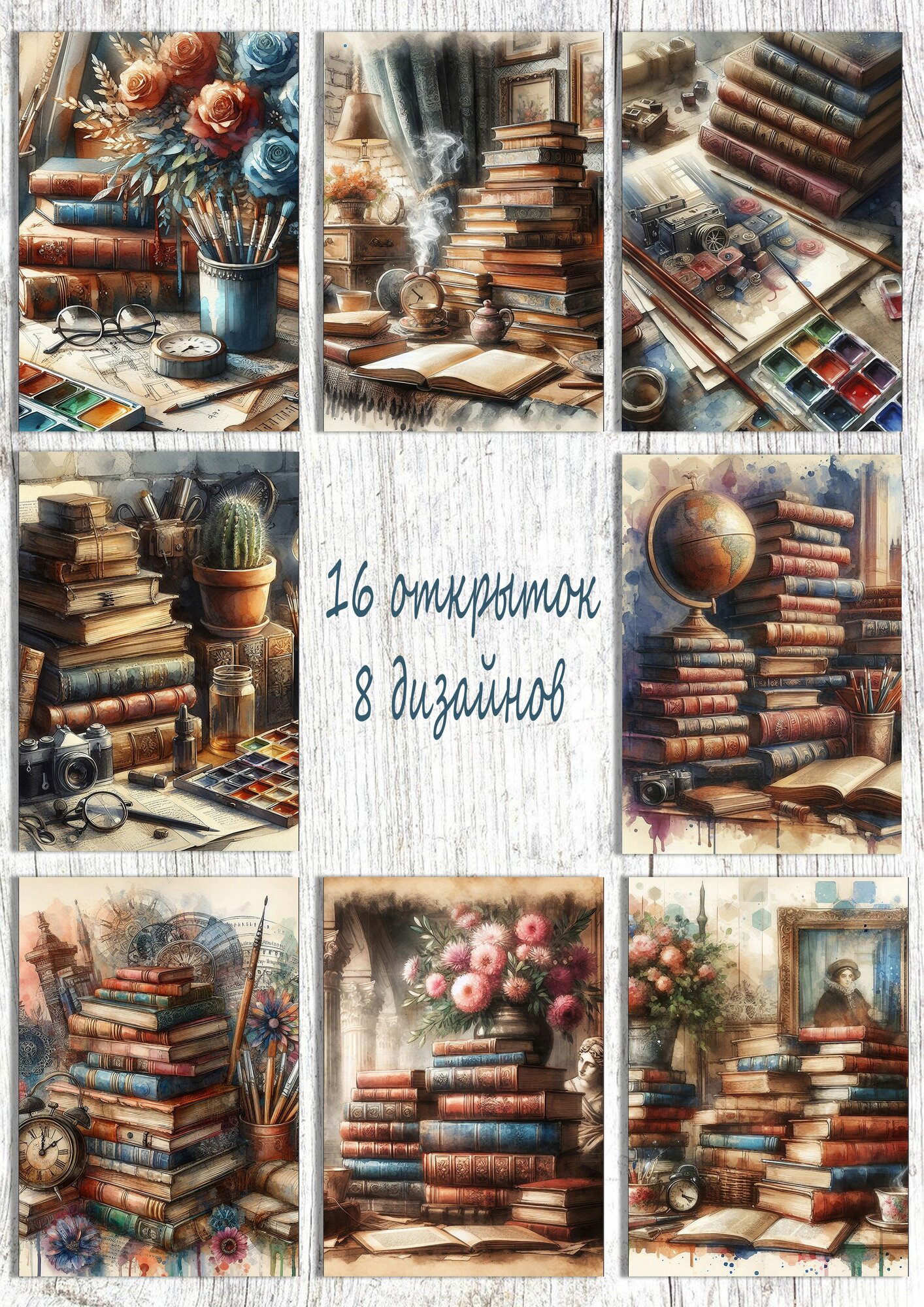 Открытки Книги, библиотека, 16 штук
