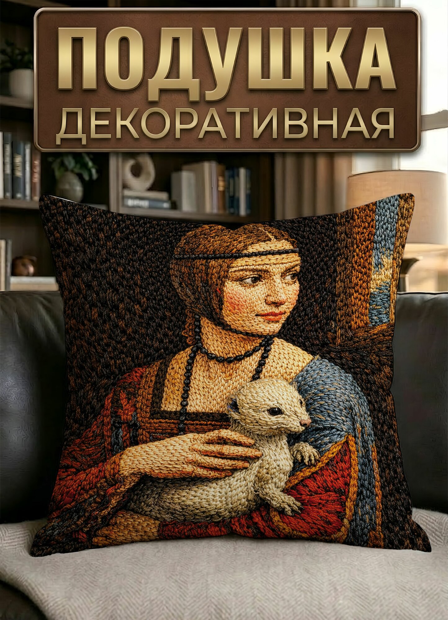 Подушка декоративная Вязаная картина Леонардо Да Винчи Дама с горностаем