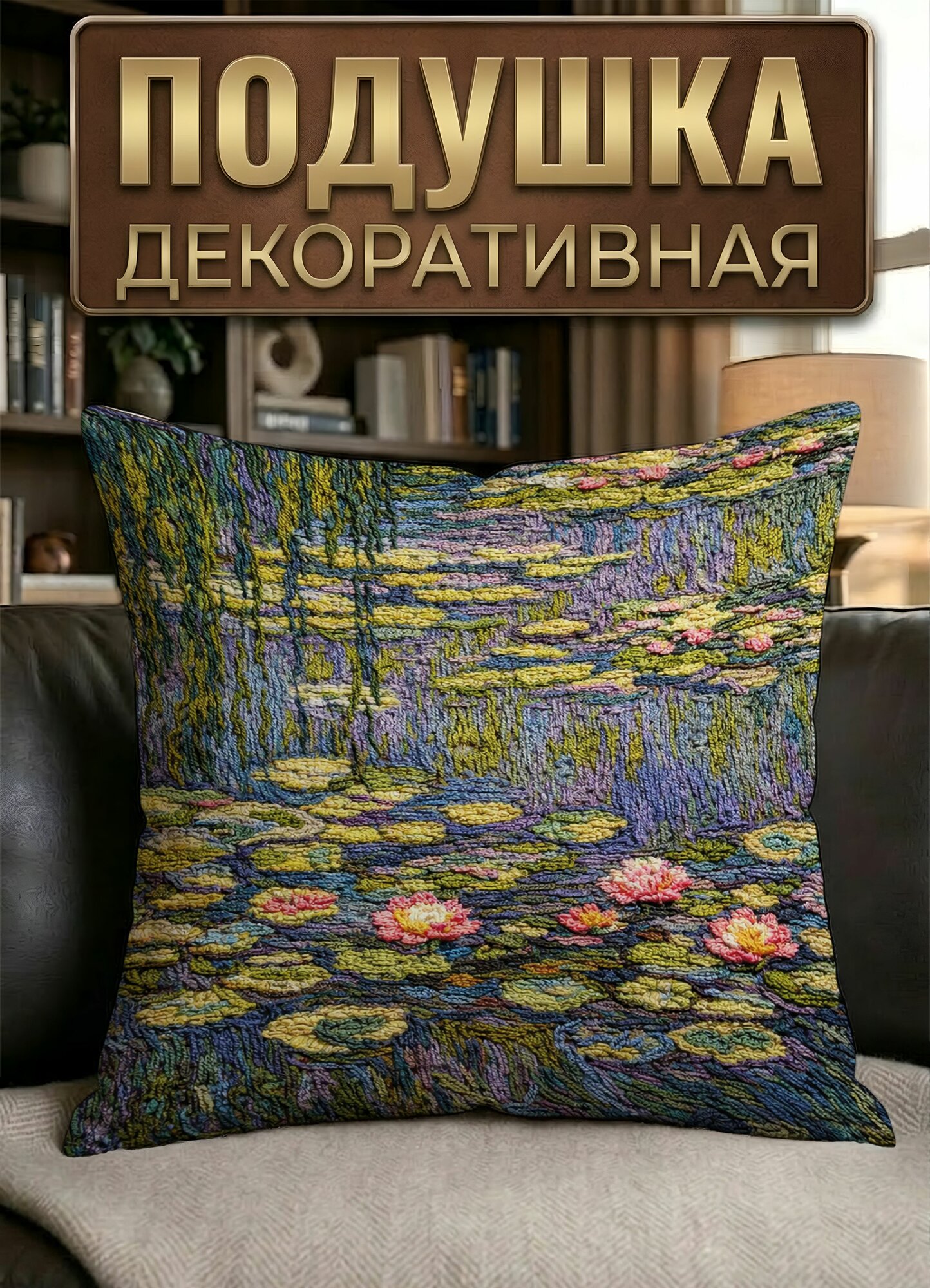 Подушка декоративная Вязаная картина Клод Моне Водяные лилии