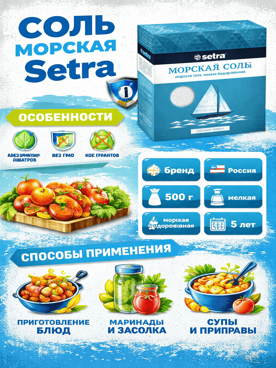 Соль морская Setra пищевая мелкая йодированная, 500г