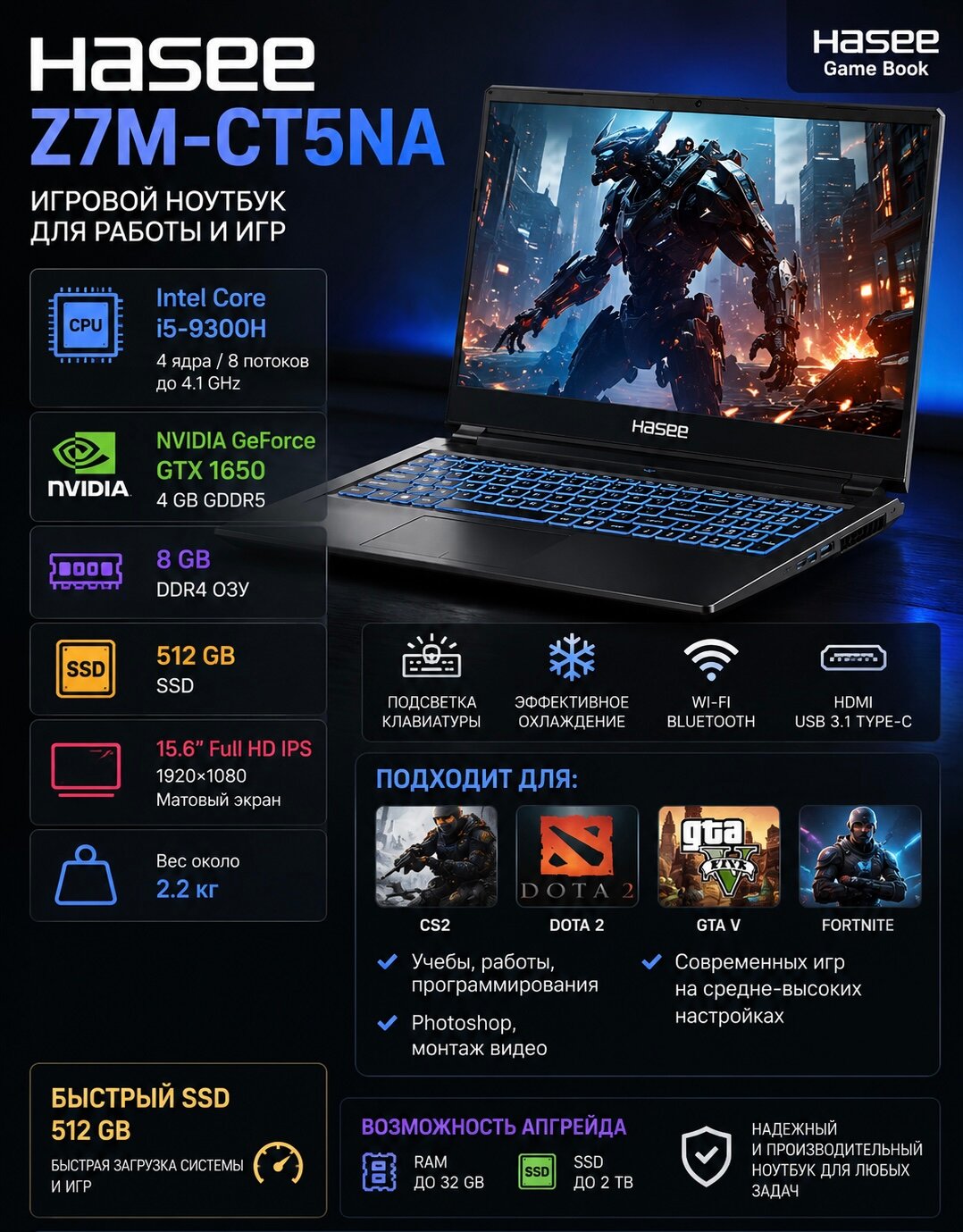 Игровой ноутбук HASEE Z7M , 15,6" Intel I5-9300H , GTX1650 , RAM 8 ГБ , SSD 512 ГБ , Windows 11