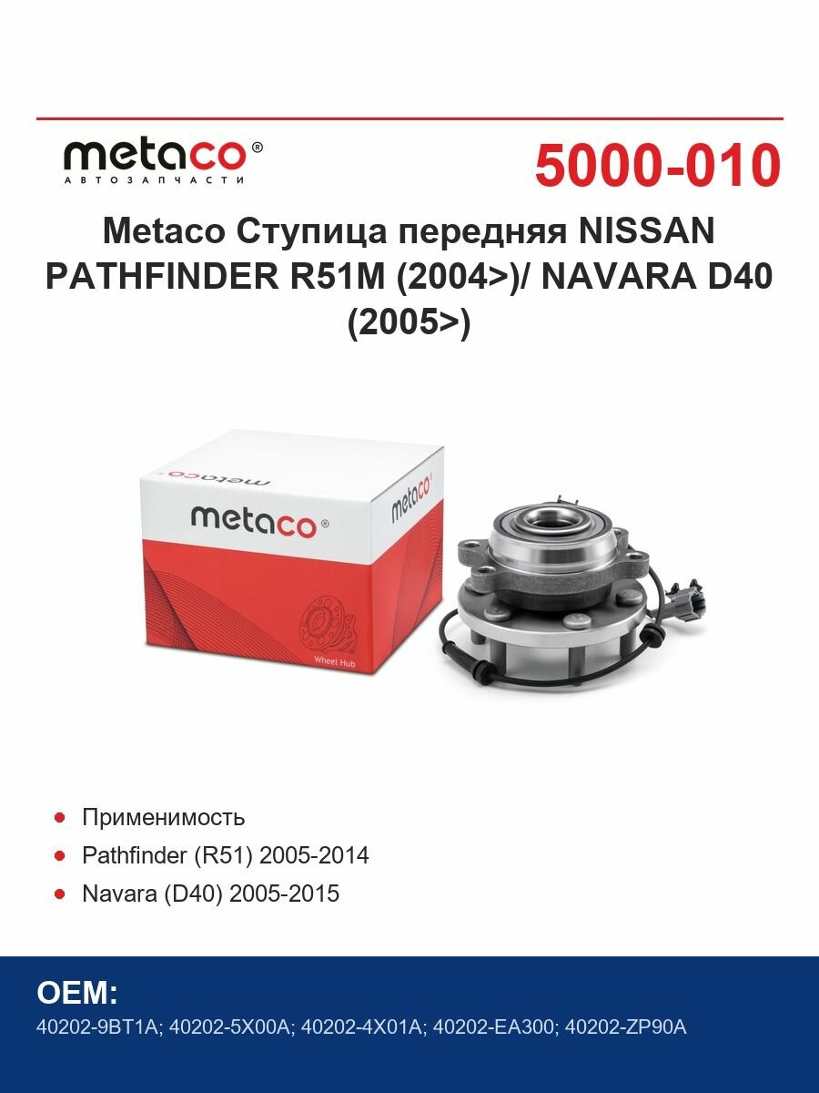 Metaco Ступица передняя NISSAN PATHFINDER R51M (2004>)/ NAVARA D40 (2005>)