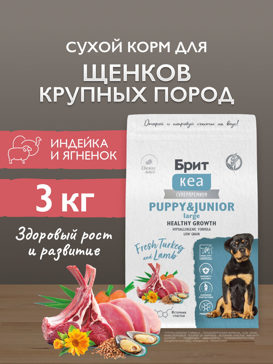 Сухой корм для щенков и молодых собак крупных пород, супер-премиум с индейкой и ягненком 3 кг Брит Кеа