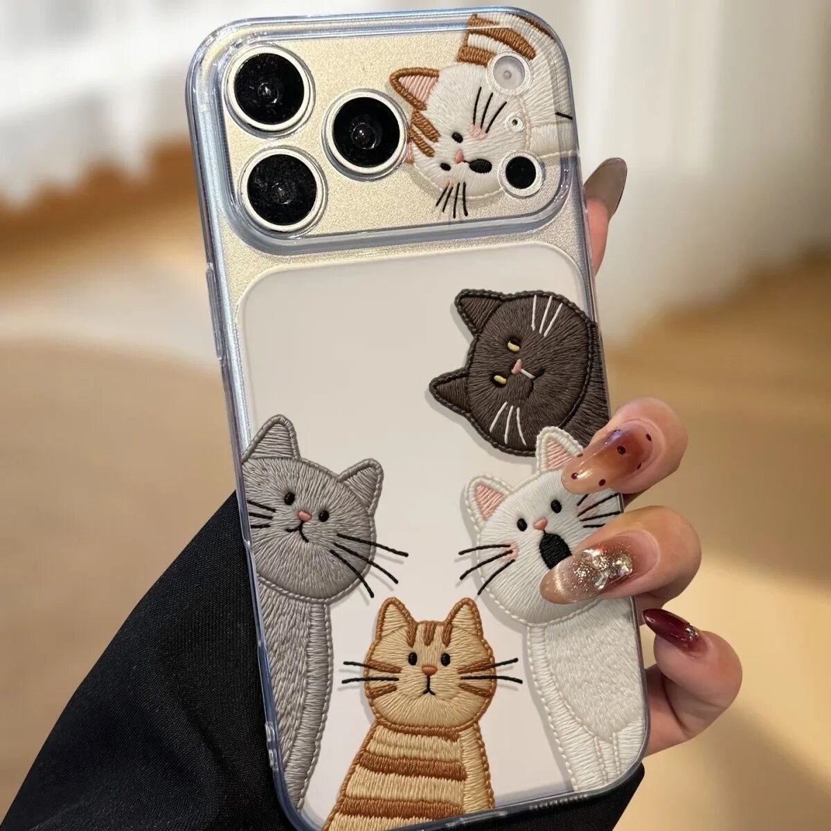 Милый чехол с вышивкой в виде кошки для iPhone 17 16 15 14 13 Pro Max 11, 2, For iPhone 15Pro Max