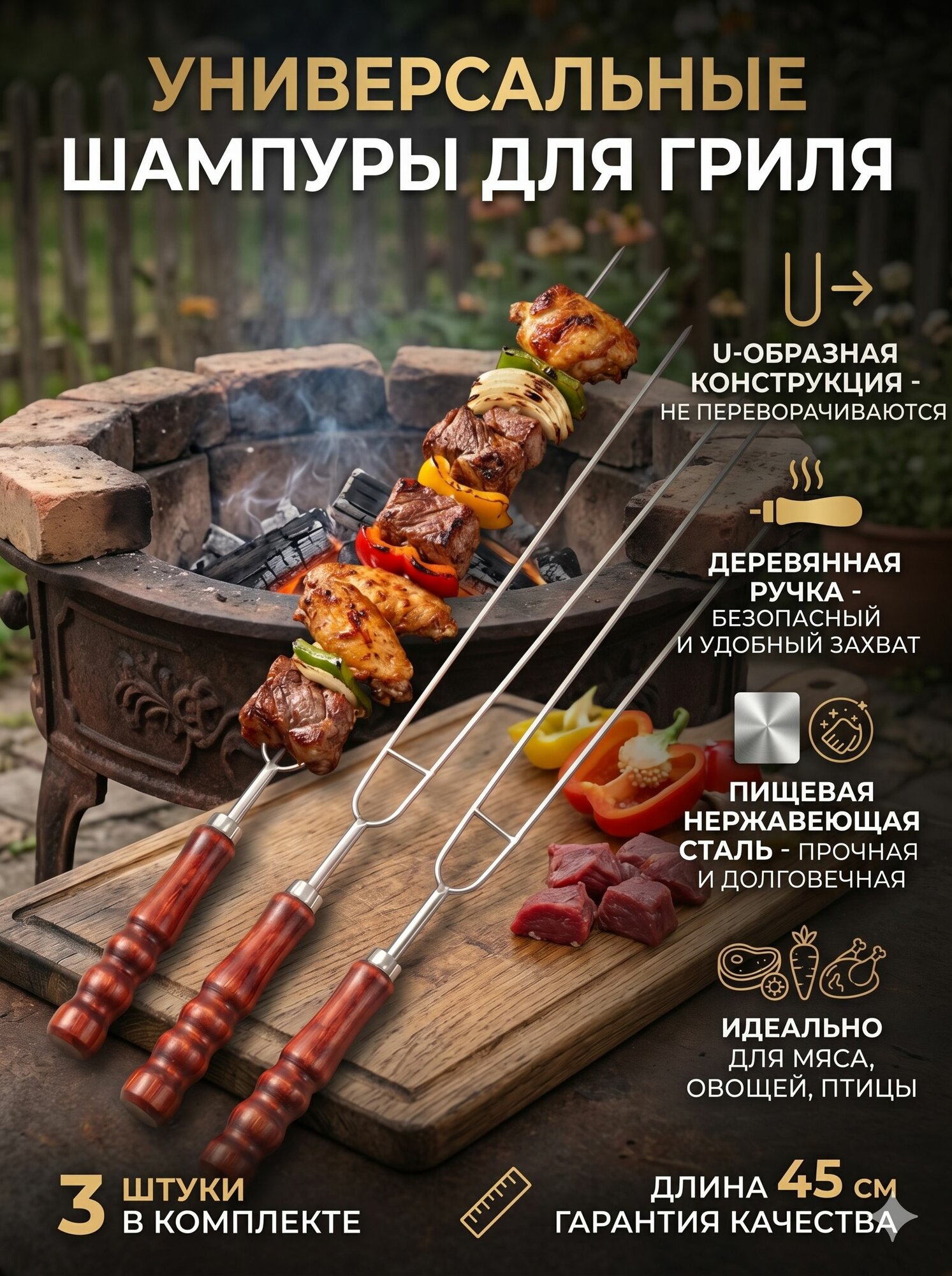 Шампур 45 см, 3 шт для шашлыка для мангала набор