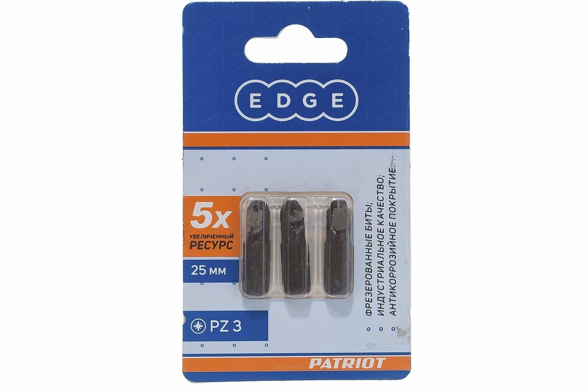 Бита крестовая PZ3х25мм, 3шт, фрезерованная S2 хвостовик1/4"С EDGE PATRIOT