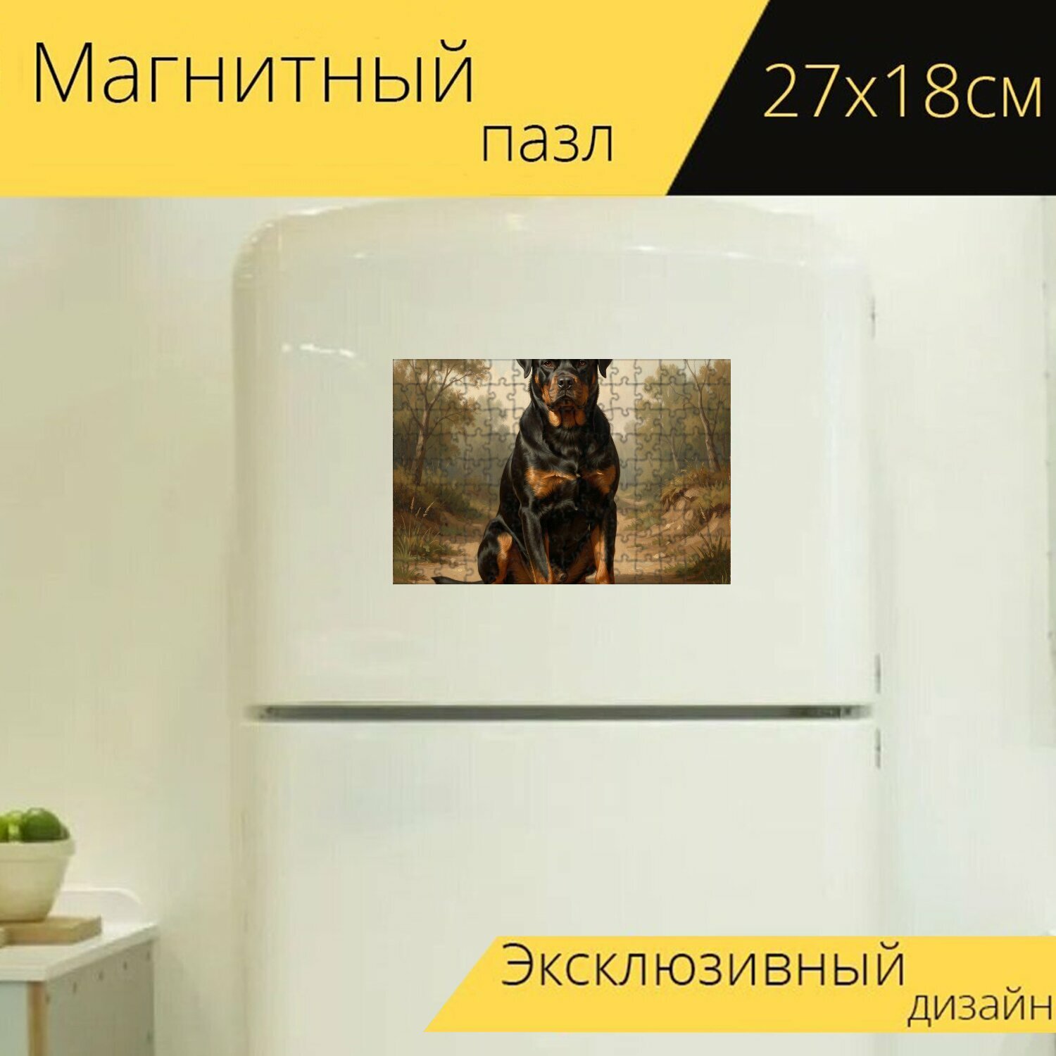 Магнитный пазл "Ротвейлер в лесной чаще. Реалистичное изображение крупной собаки с черно-рыжим окрасом на лесной тропе, мягкие природные тона, спокойная." на холодильник 27 x 18 см.