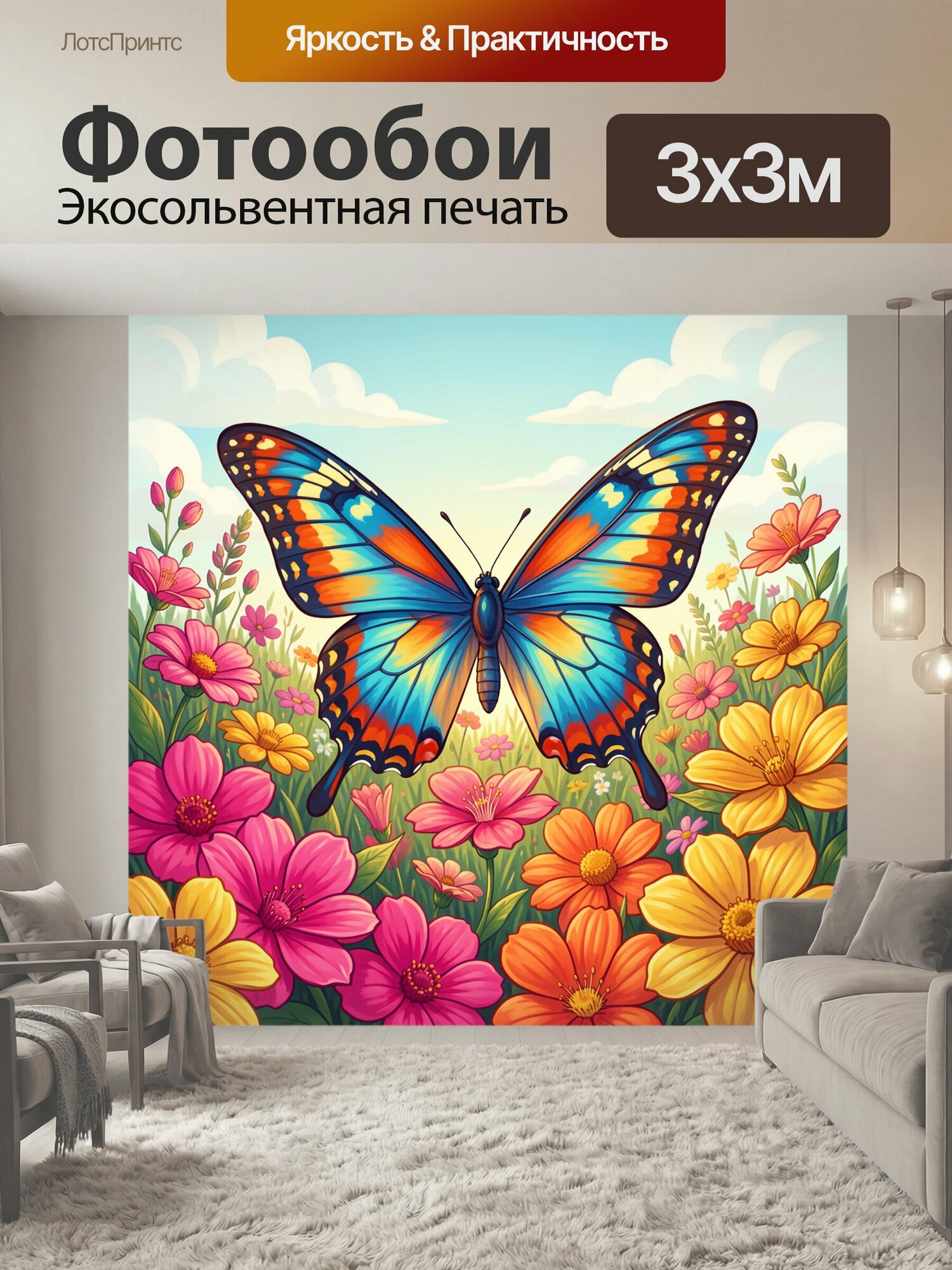 Фотообои "Бабочка среди полевых цветов. Яркая летняя иллюстрация: крупная разноцветная бабочка парит над пестрым цветочным лугом, нежное небо." 300x300 см. экосольвентная печать