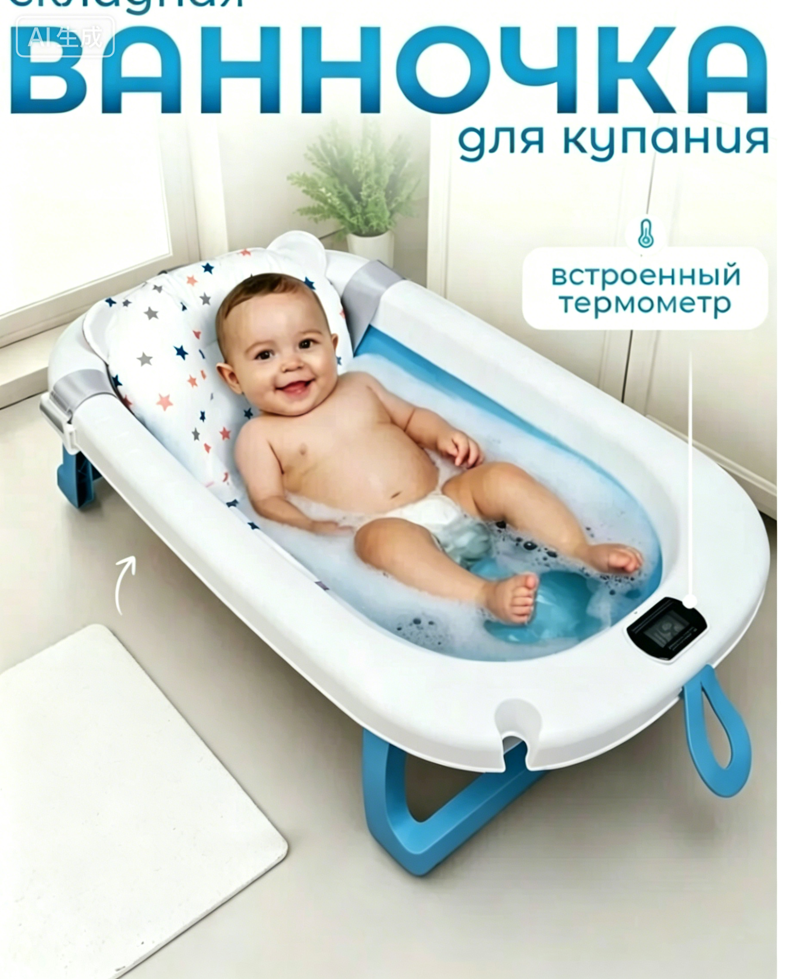 Ванночка для купания новорожденных, складная, с термометром, матрасиком и ковшиком, цвет голубой.