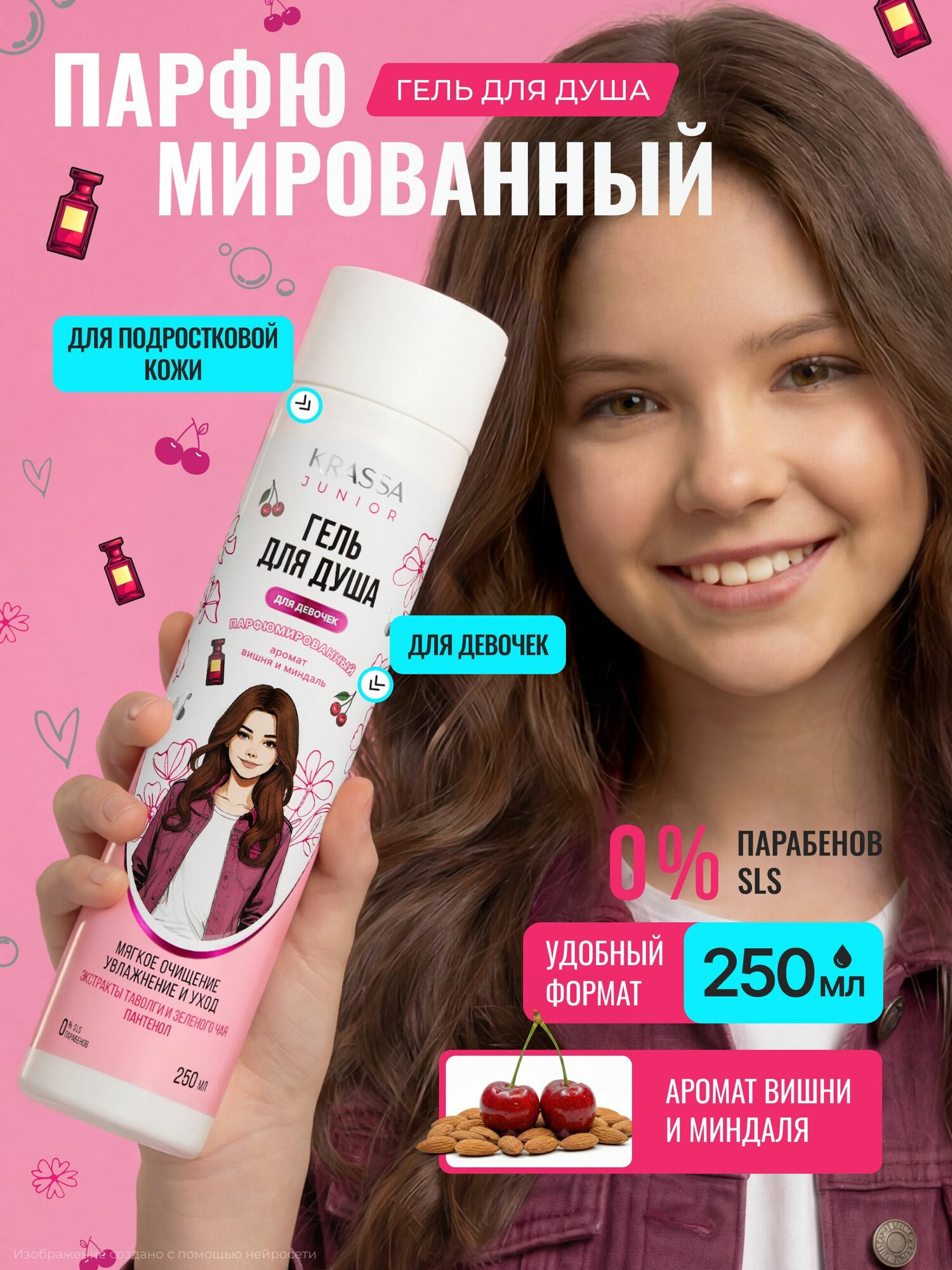 KRASSA JUNIOR Гель для душа детский для девочек парфюмированный, 250мл ароматный для детей