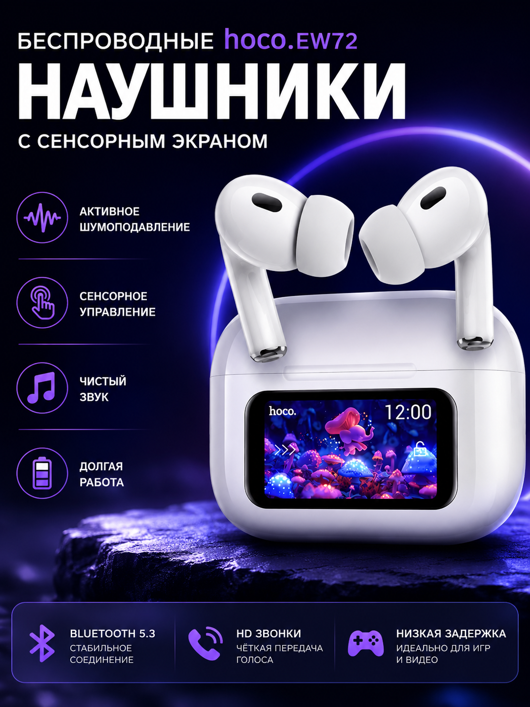 Hoco Наушники беспроводные с микрофоном Hoco EW72, Bluetooth, USB Type-C, белый
