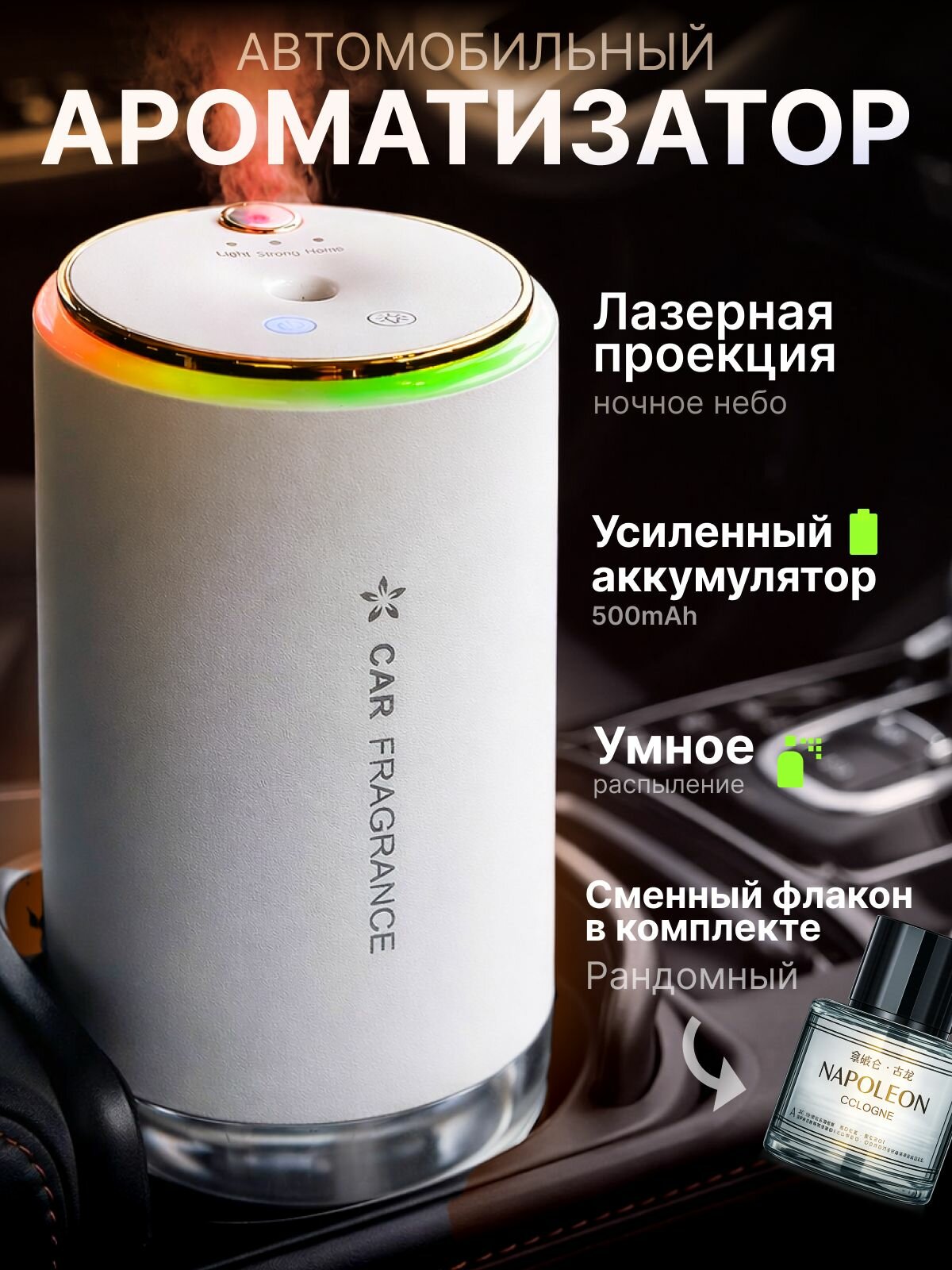 Ароматизатор для автомобиля автоматический, умный арома-диффузор ультразвуковой с проекцией в салоне, освежитель воздуха, пахучка в машину