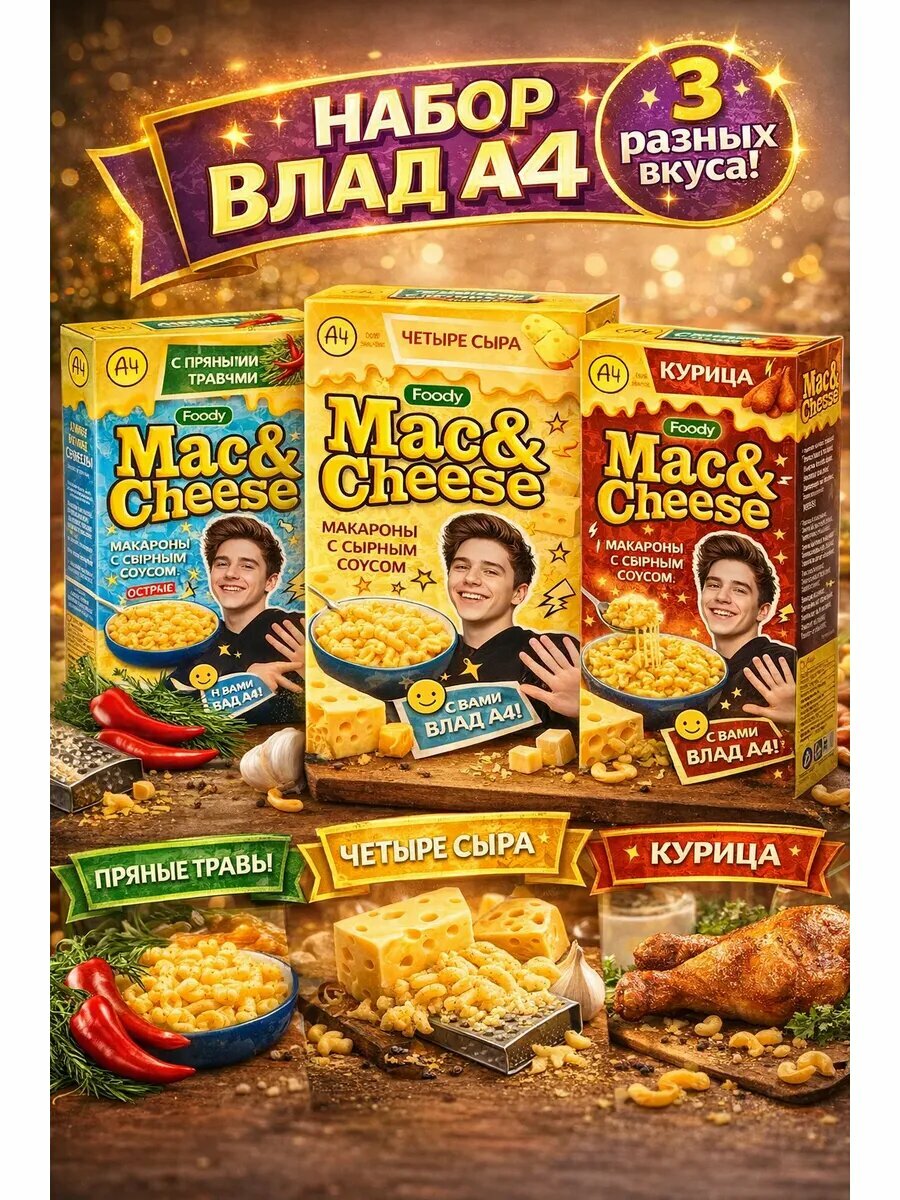 Набор 3 вкуса макарон Влад А4 Mac&Cheese по 143 гр