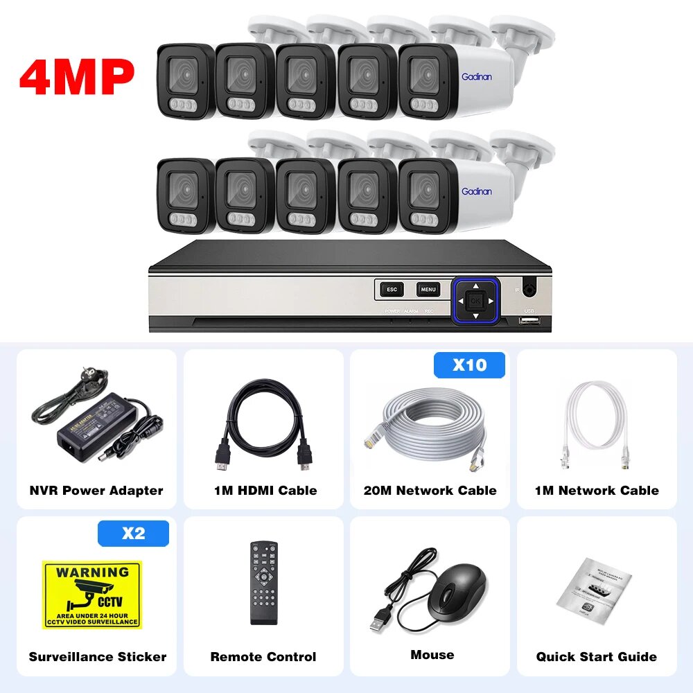 Система видеонаблюдения Gadinan 10CH CCTV IP Poe для дома с функцией распознавания лиц, видеонаблюдение 4K 4Mp 8Mp набор с двусторонним аудио, ИИ, для использования на открытом воздухе, приложение XMEye