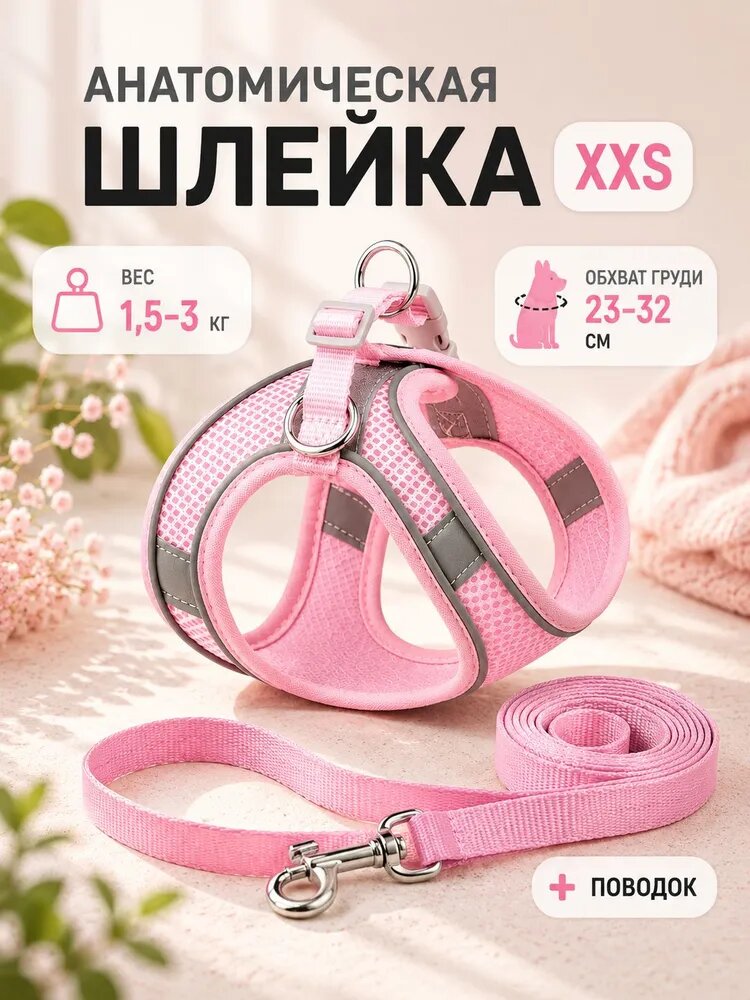 Шлейка для котят, кошек и собак мелких пород, обхват груди 23-32, дышащая со светоотражающими элементами, с поводком, розовый, размер XXS