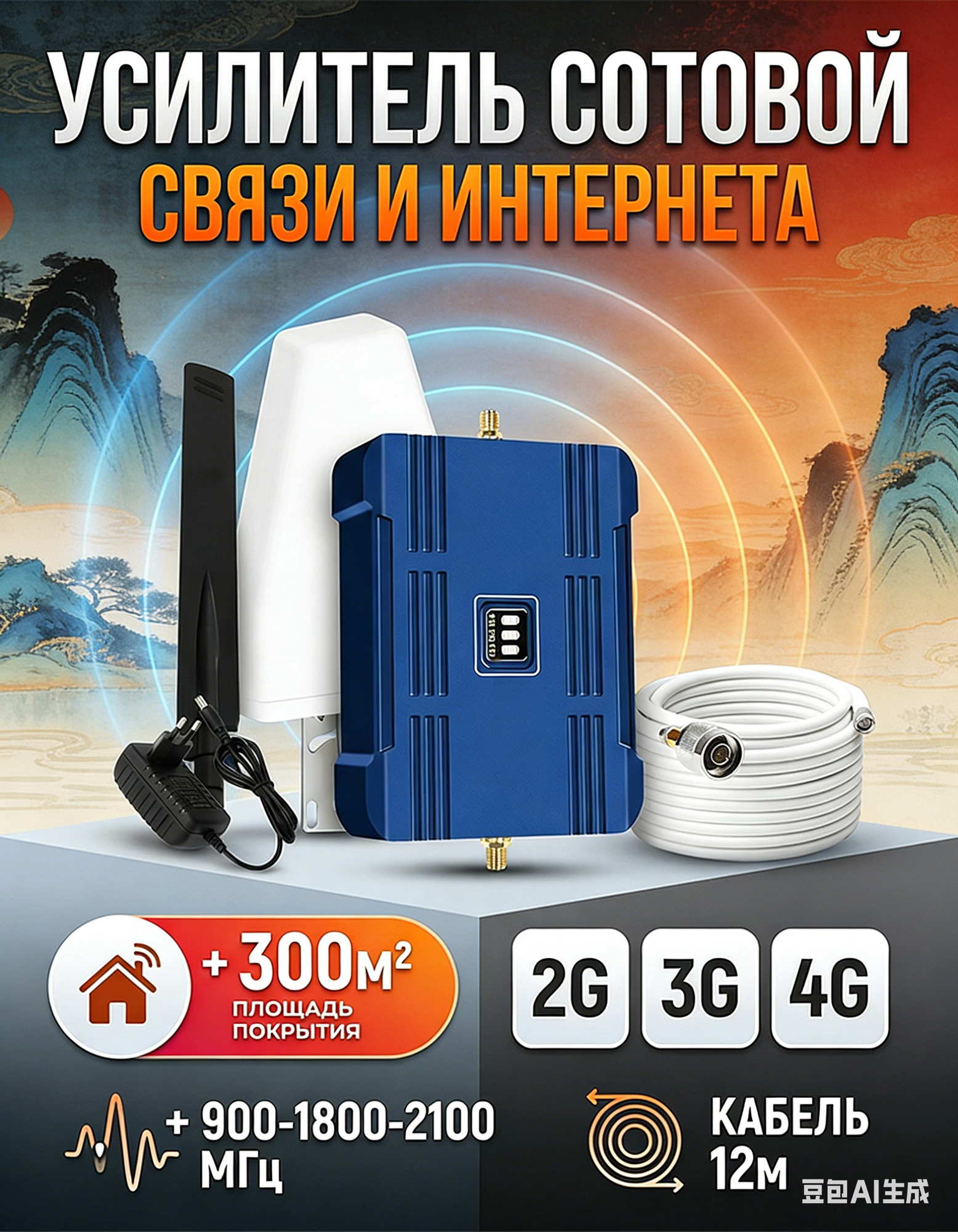 Усилитель сотовой связи 900/1800/2100 МГц (2G/3G/4G): до 70 км, направленный, синий, 1.3 кг