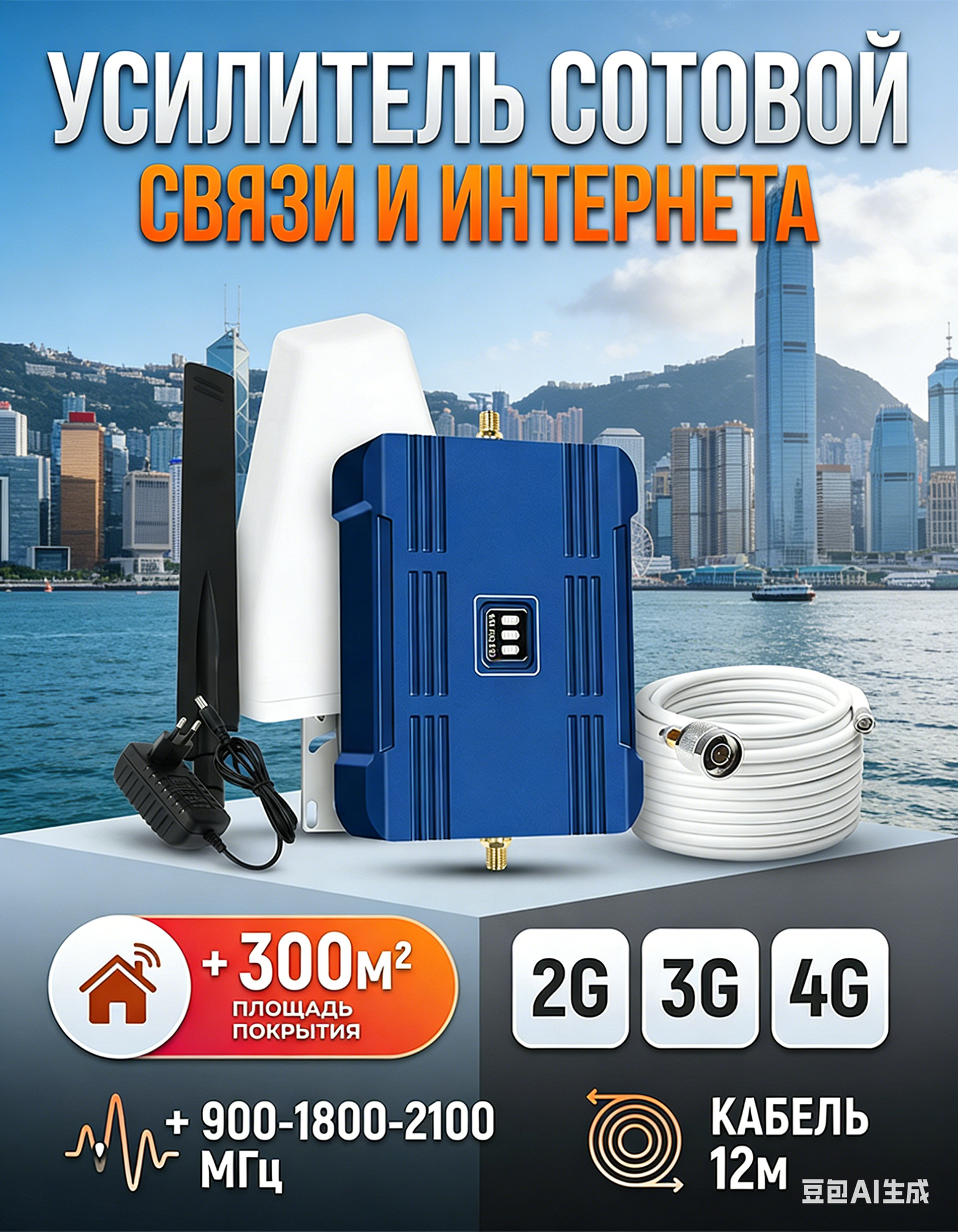 Усилитель сотовой связи 900/1800/2100 МГц (2G/3G/4G): до 70 км, направленный, синий, 1.3 кг