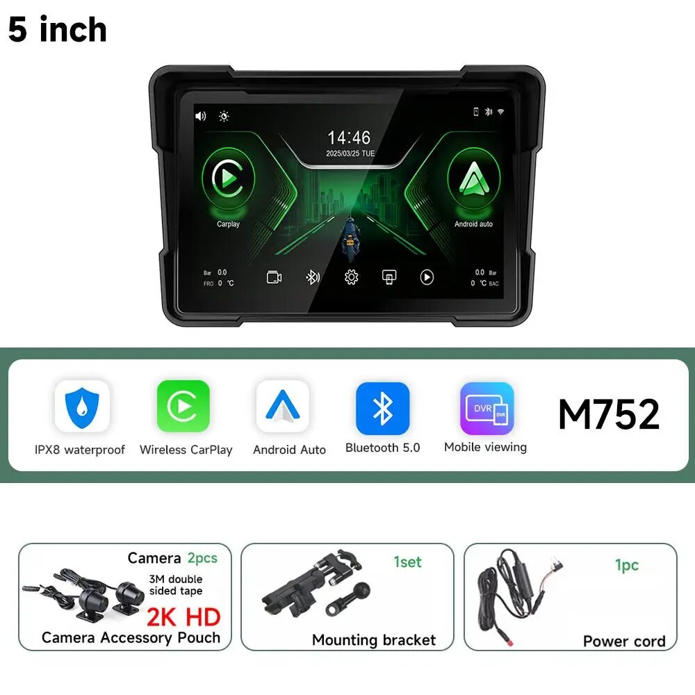 Мото GPS-навигатор 5" 2K HD, CarPlay, Android Auto, Bluetooth 5.0, IP67, M752