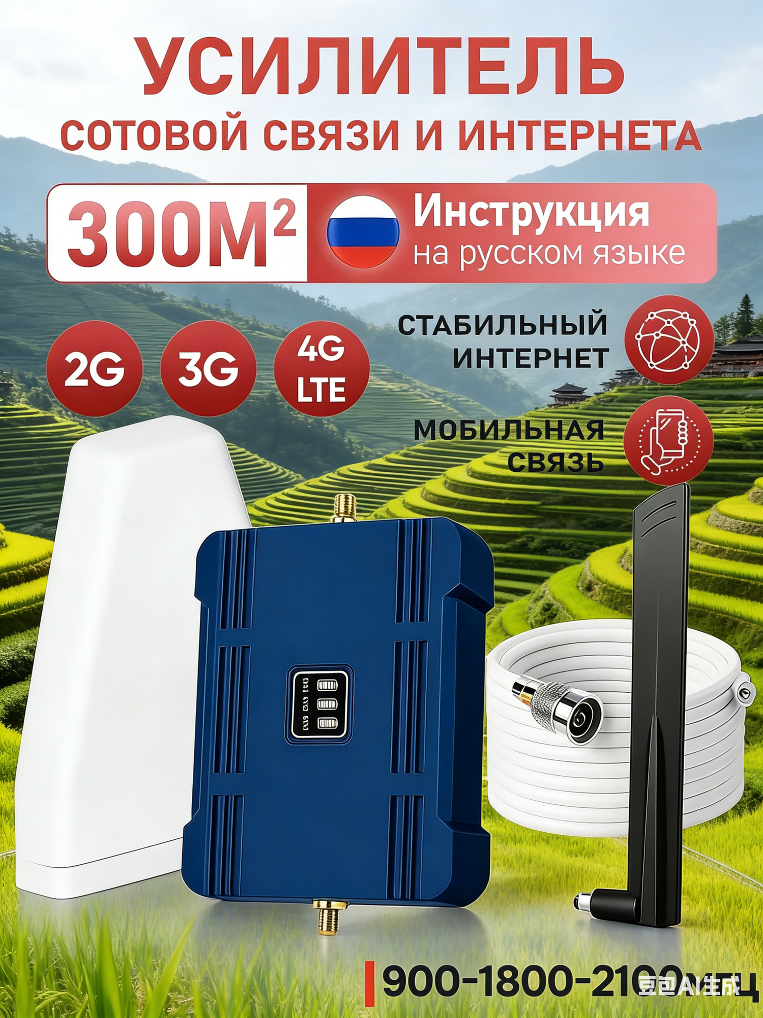 Усилитель сотовой связи 900/1800/2100 МГц (2G/3G/4G): до 70 км, направленный, синий, 1.3 кг