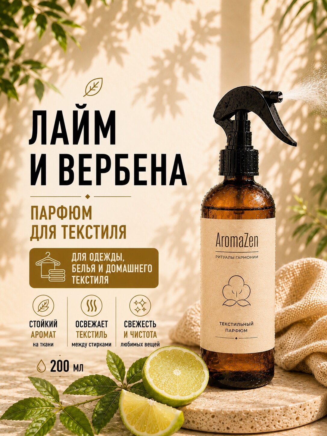 Текстильный парфюм Лайм и Вербена аромат для дома, одежды и белья AromaZen, 200 мл
