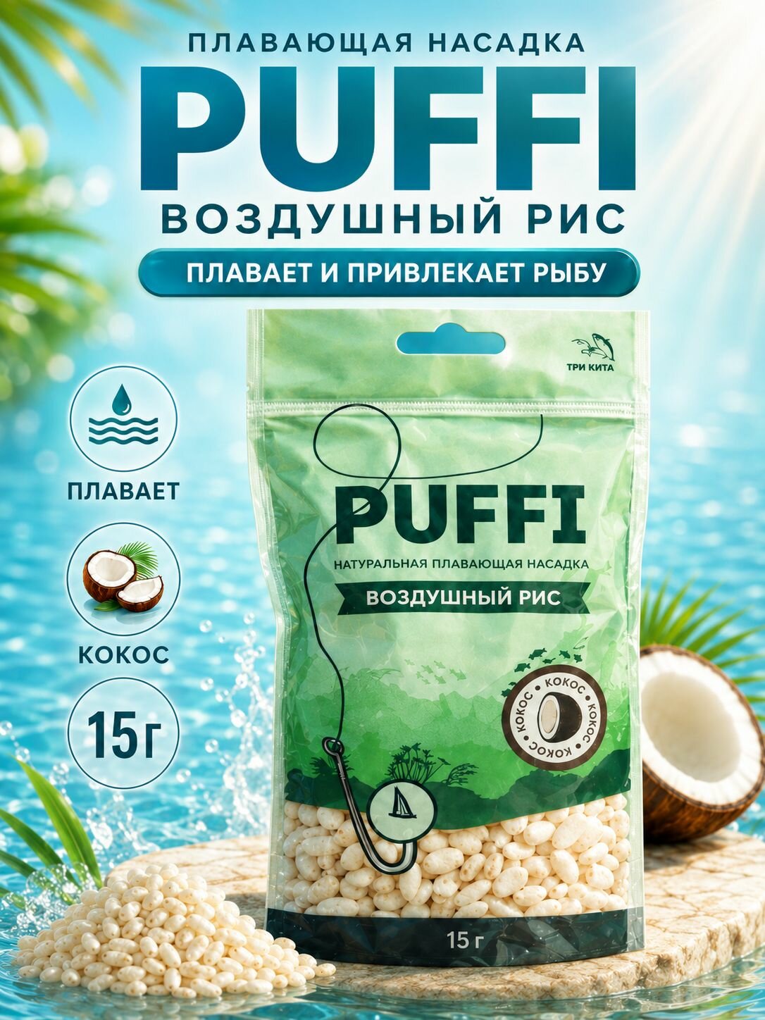PUFFI паффи воздушный рис Кокос 15 г, плавающая наживка на крючок для карася, карпа, леща