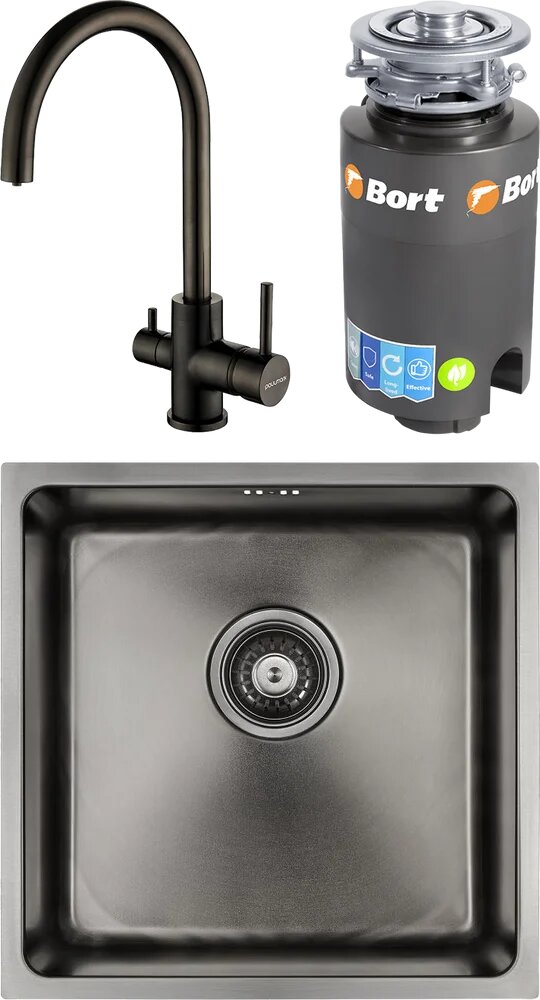 Комплект Мойка Paulmark Vista PM304444-GM / Смеситель Essen Es213211-GM / Измельчитель Bort Titan 91275769