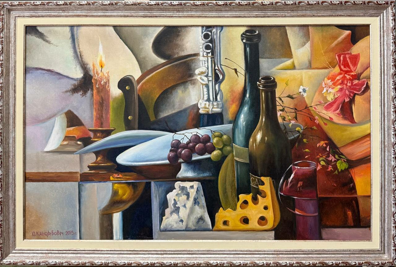 Картина маслом, натюрморт "Натюрморт с вином и сыром". Холст/Масло, 2015. Размер 50х80. Автор Кандыбович Ю.